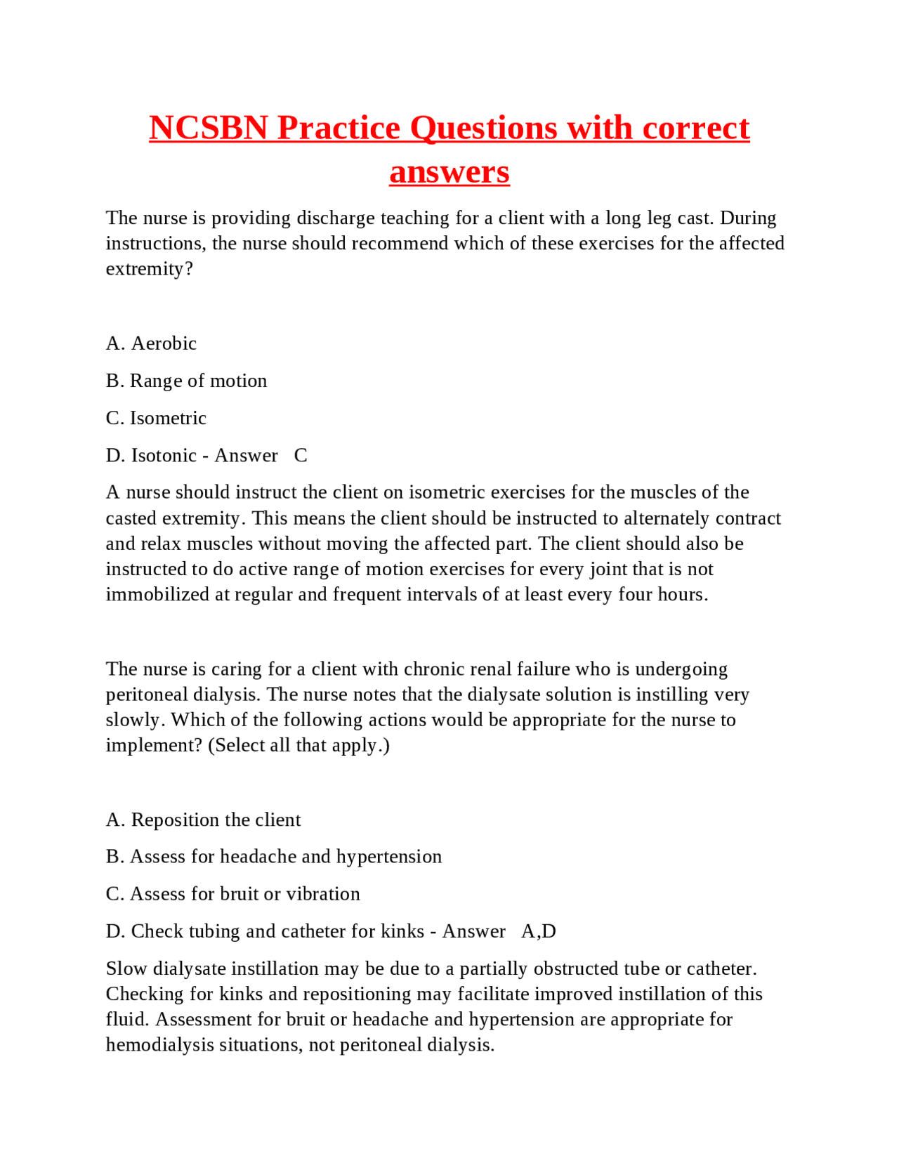 NCSBN Practice Questions for Nursing Students | Exams Nursing | Docsity