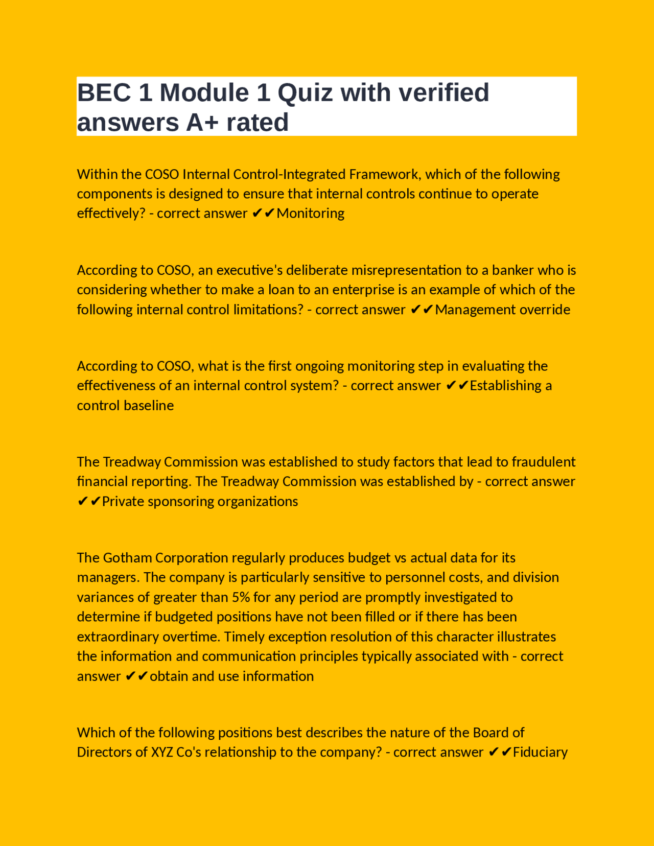 BEC 1 Module 1 Quiz with verified answers A+ rated | Exams Nursing ...