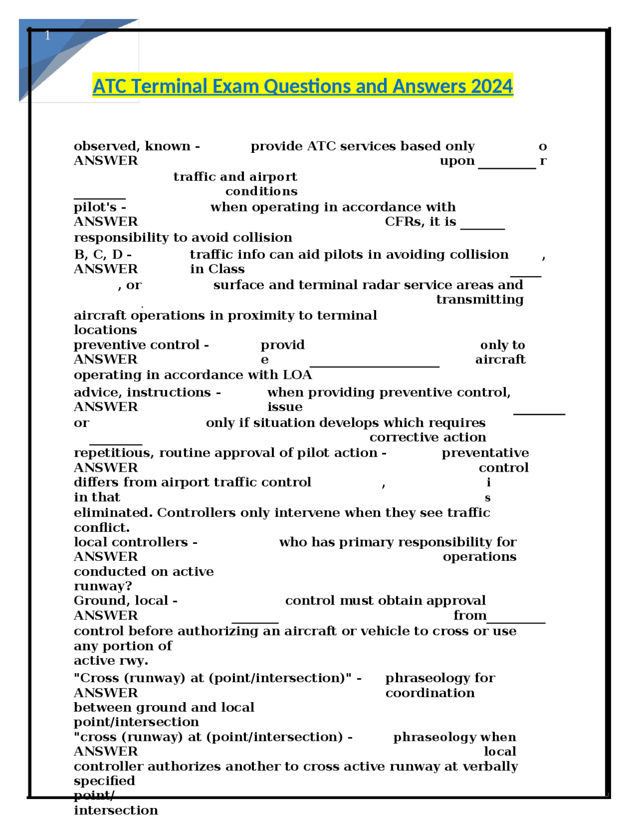 ATC Terminal Exam Questions and Answers 2024 | Exams Nursing | Docsity