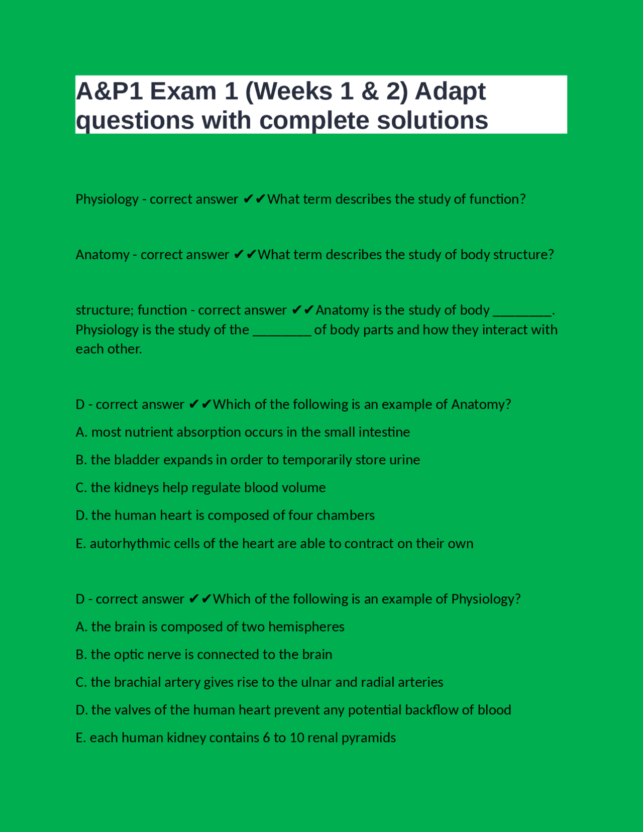 A&P1 Exam 1 (Weeks 1 & 2) Adapt questions with complete solutions -25 ...