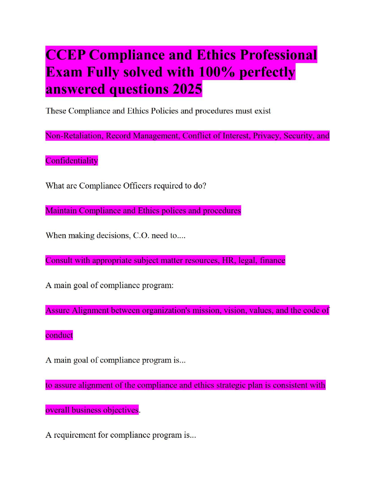 CCEP Compliance and Ethics Professional Exam Fully solved with 100% perfectly answered que ...