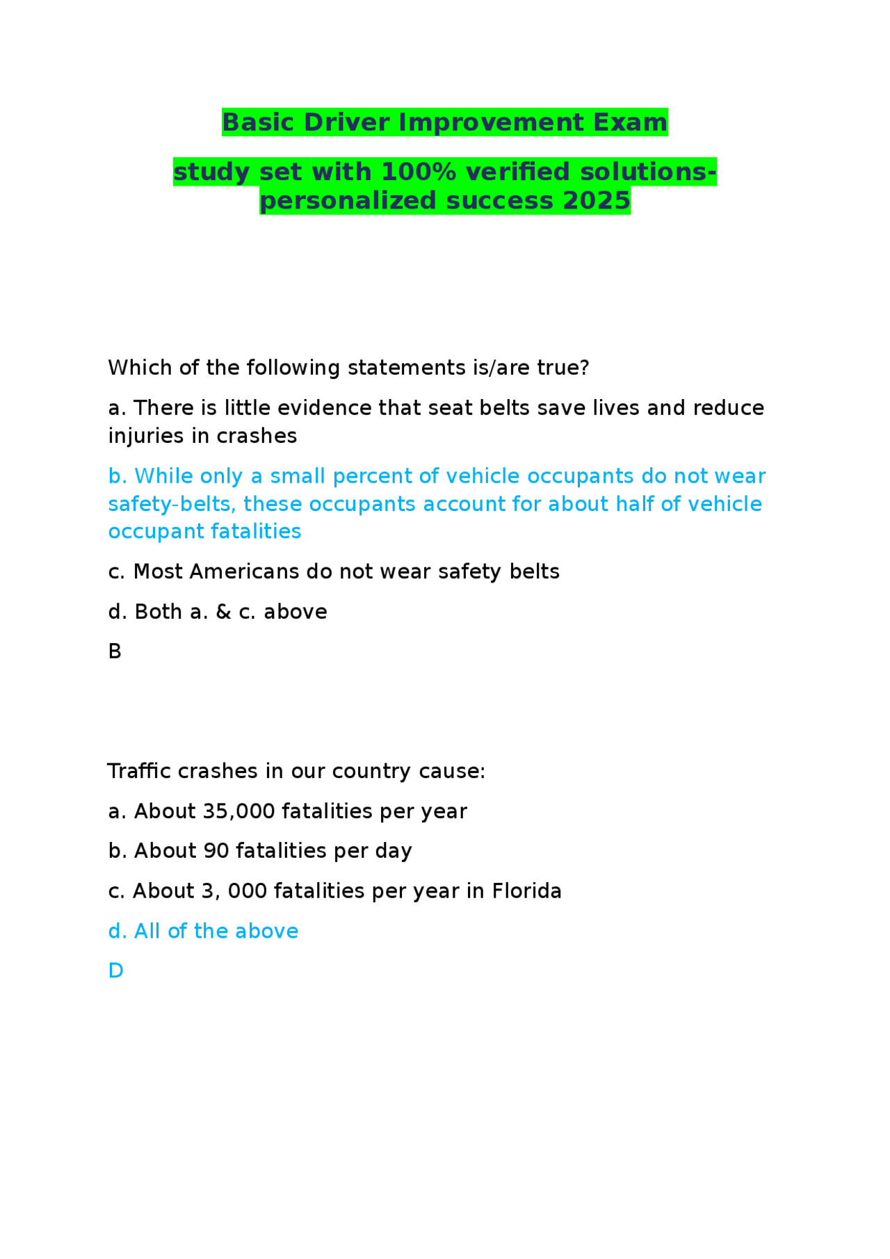 Basic Driver Improvement Exam study set with 100% verified solutions ...