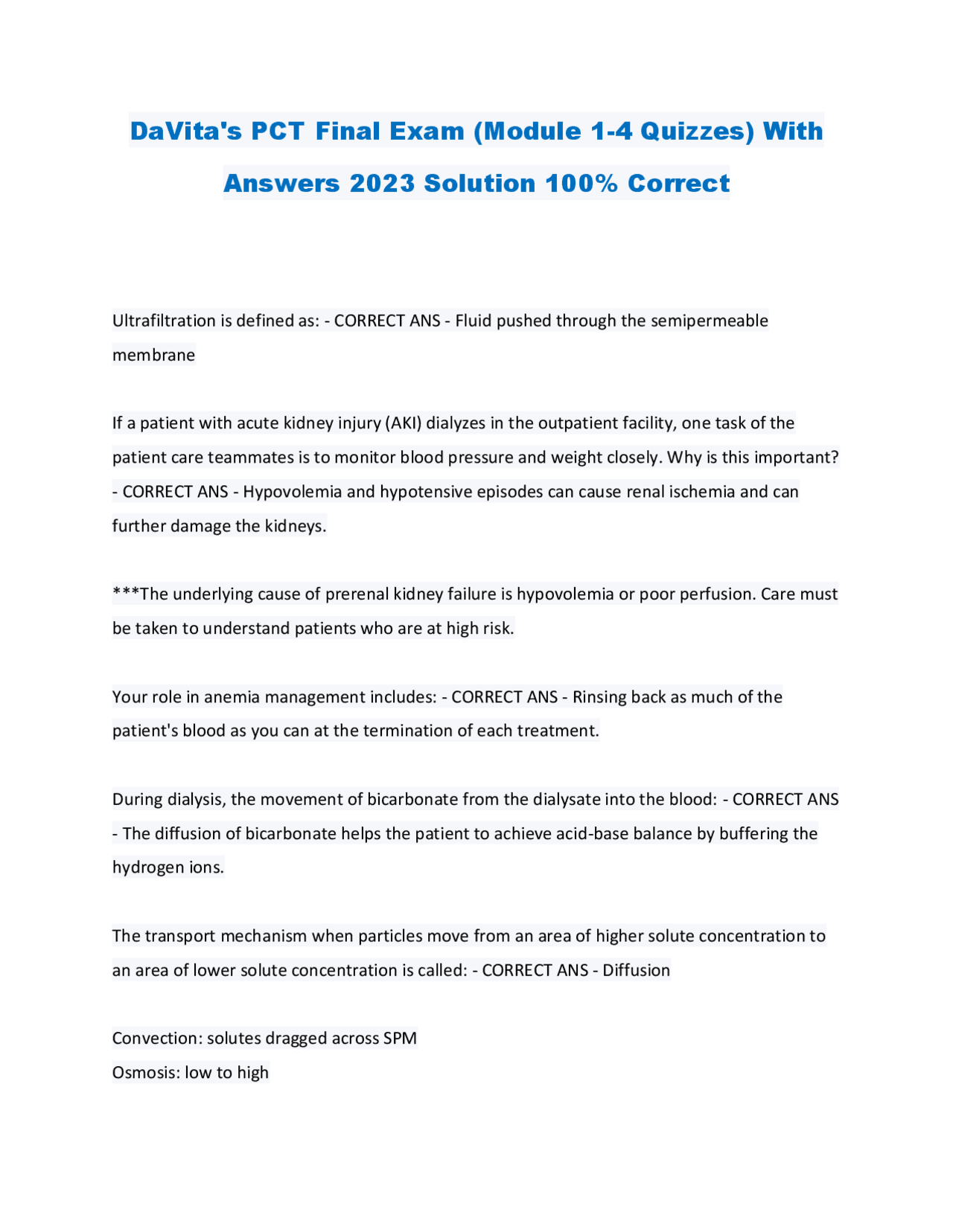 DaVita's PCT Final Exam (Module 1-4 Quizzes) With Answers 2023 Solution ...