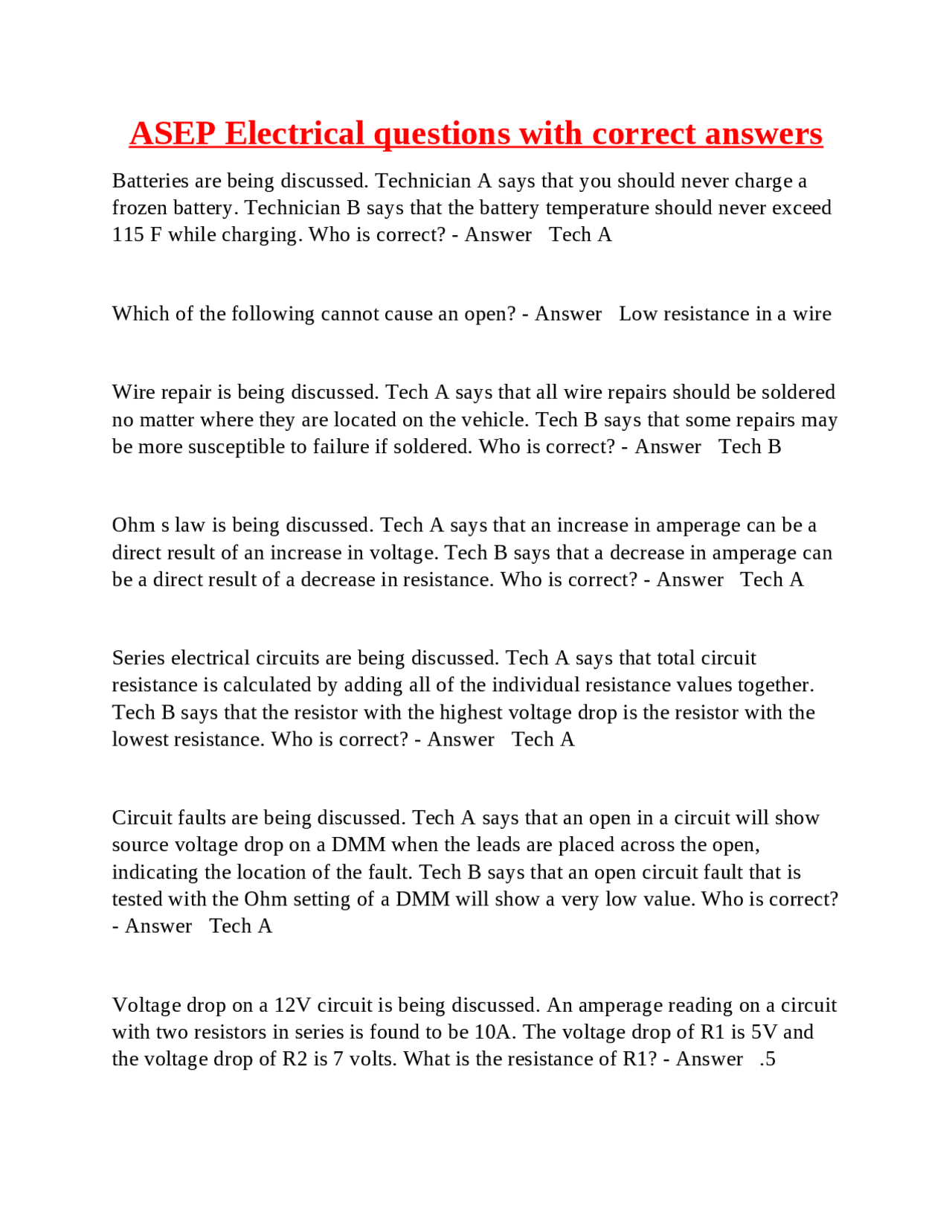 Automotive Electrical Systems: Questions & Answers | Exams Engineering | Docsity