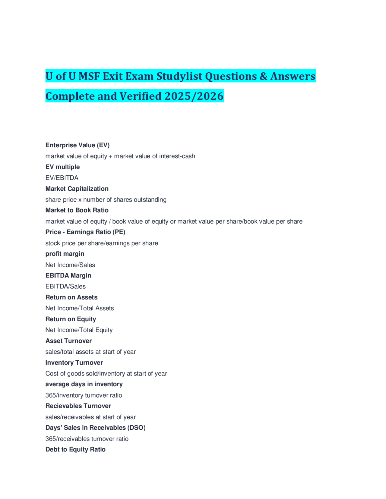 U of U MSF Exit Exam Studylist Questions & Answers Complete and ...