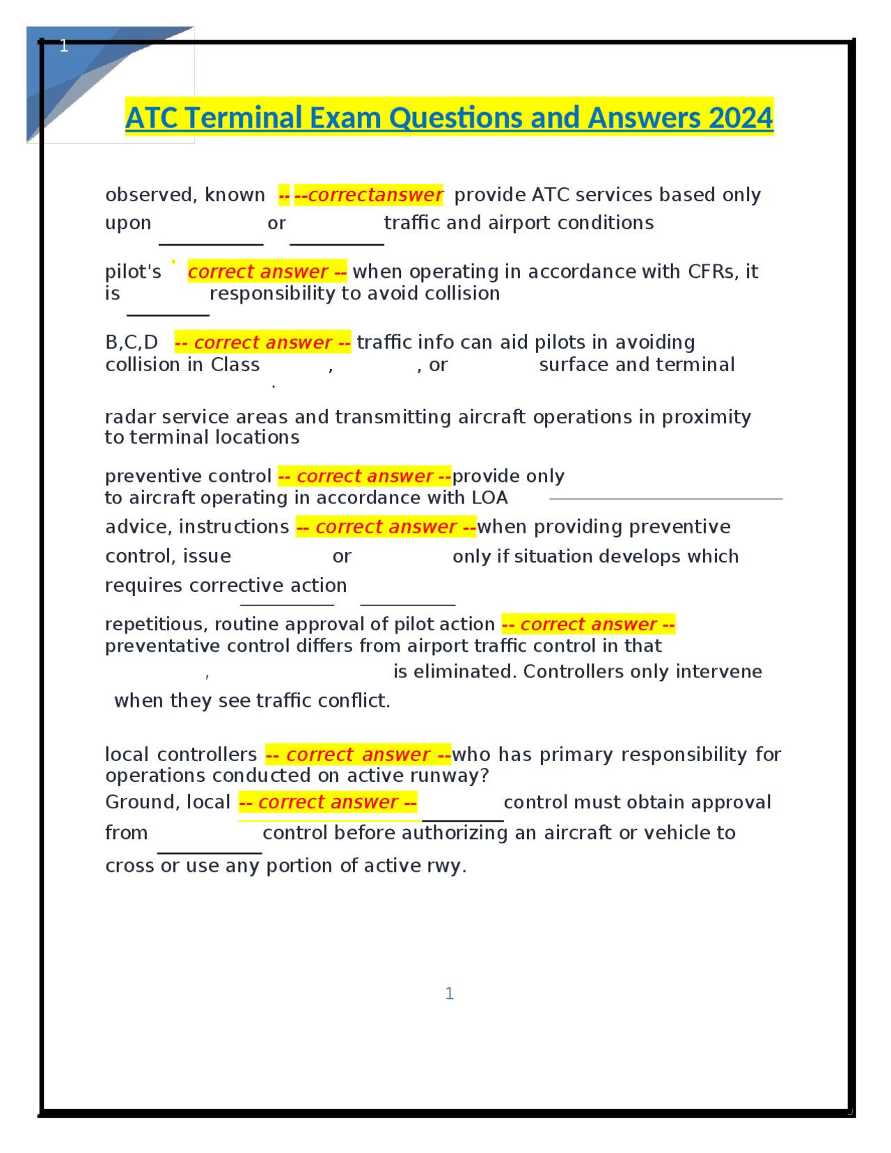 ATC Terminal Exam Questions and Answers 2024 | Exams Nursing | Docsity