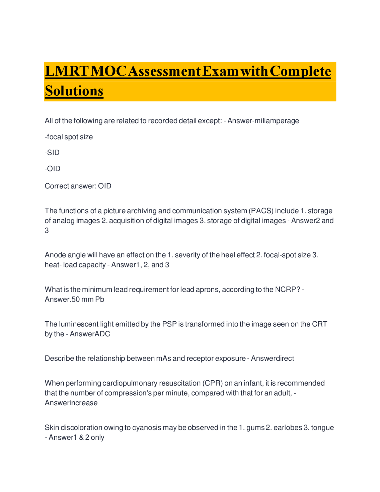 LMRT MOC Assessment Exam with Complete Solutions | Exams Physics | Docsity