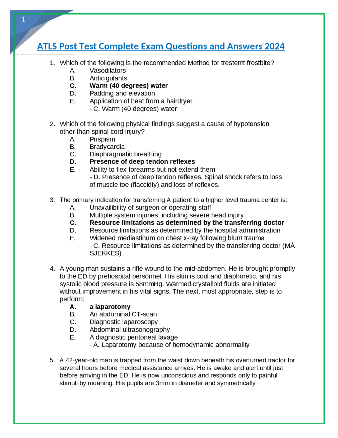 ATLS Post Test Complete Exam Questions and Answers 2024 | Exams Nursing ...