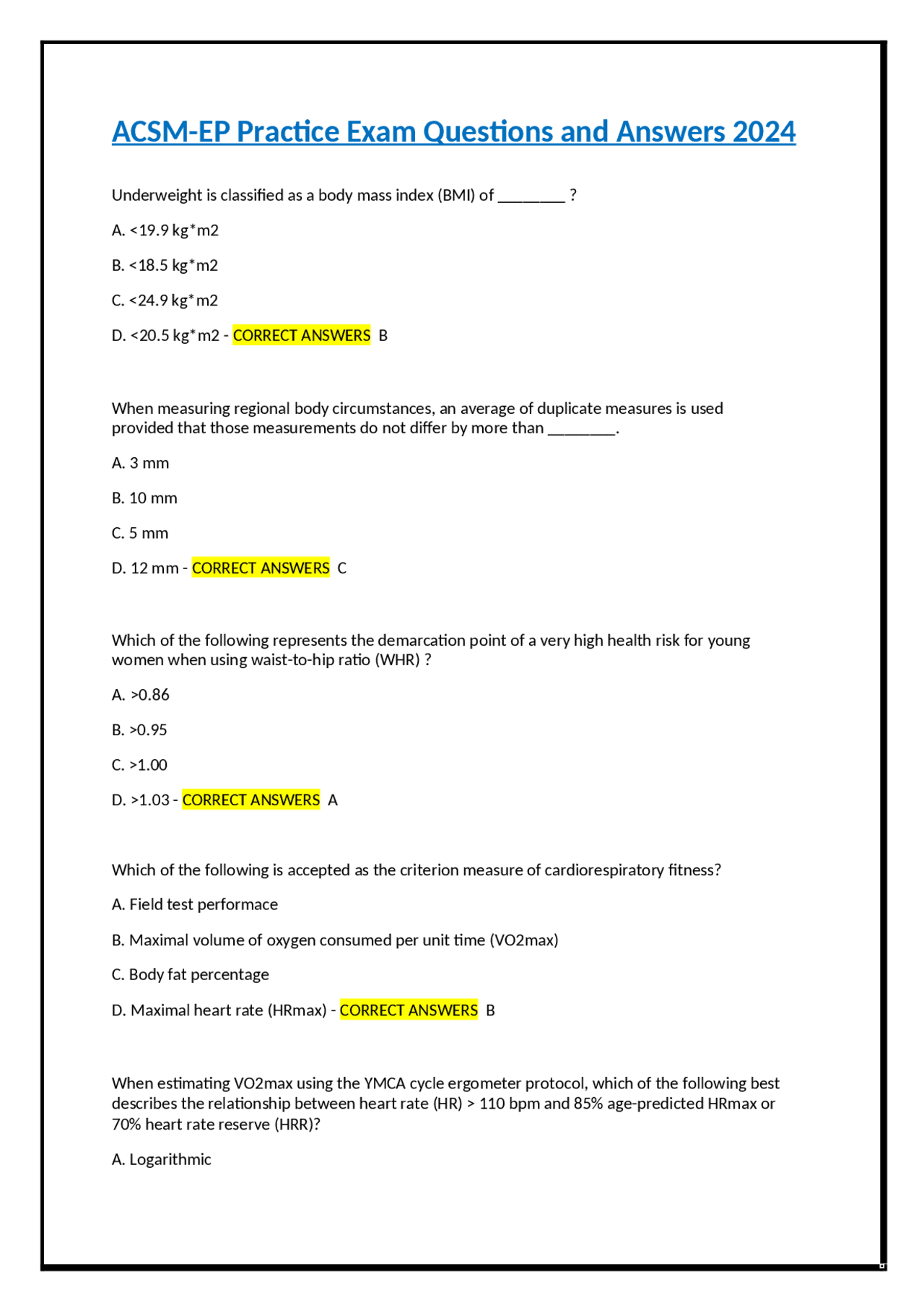 ACSM-EP Practice Exam Questions and Answers 2024 | Exams Nursing | Docsity