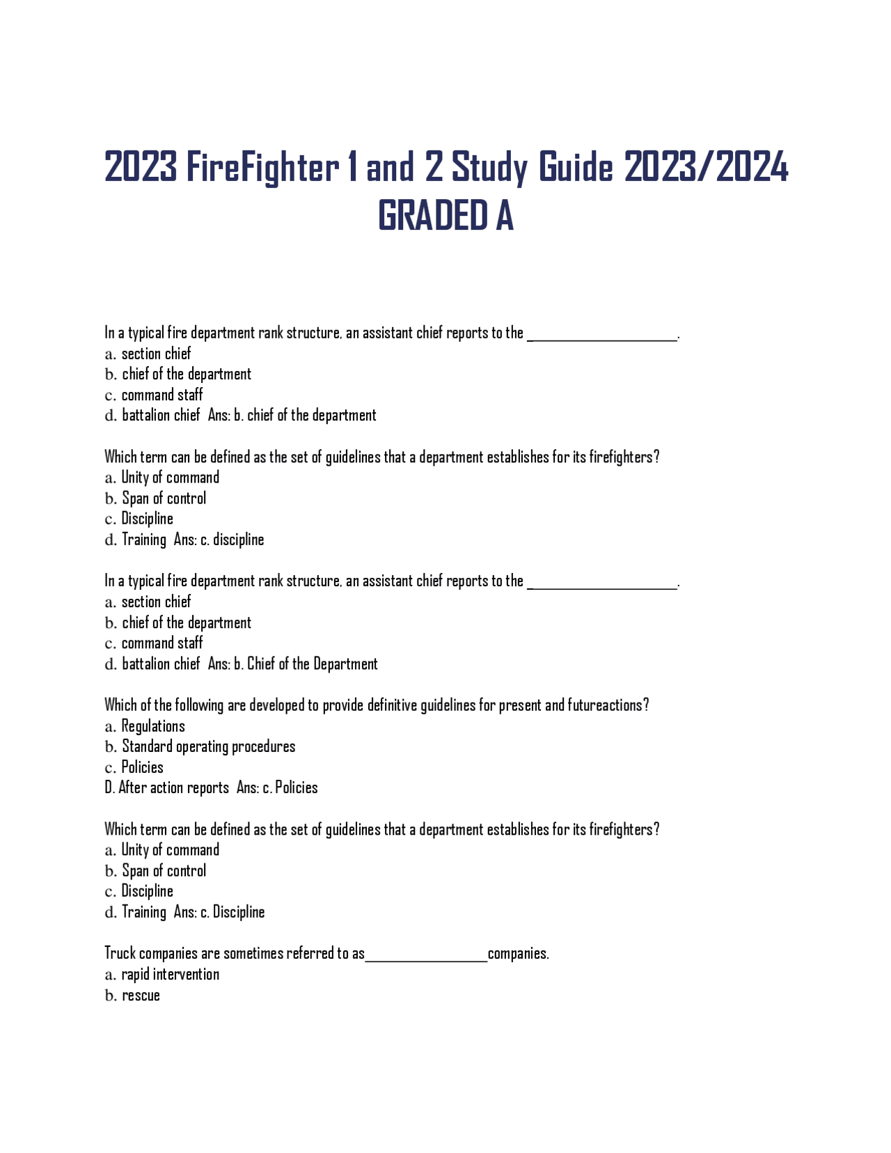 FireFighter 1 and 2 Study Guide: Questions and Answers for 2023/2024 | Exams Public Health | Docsity