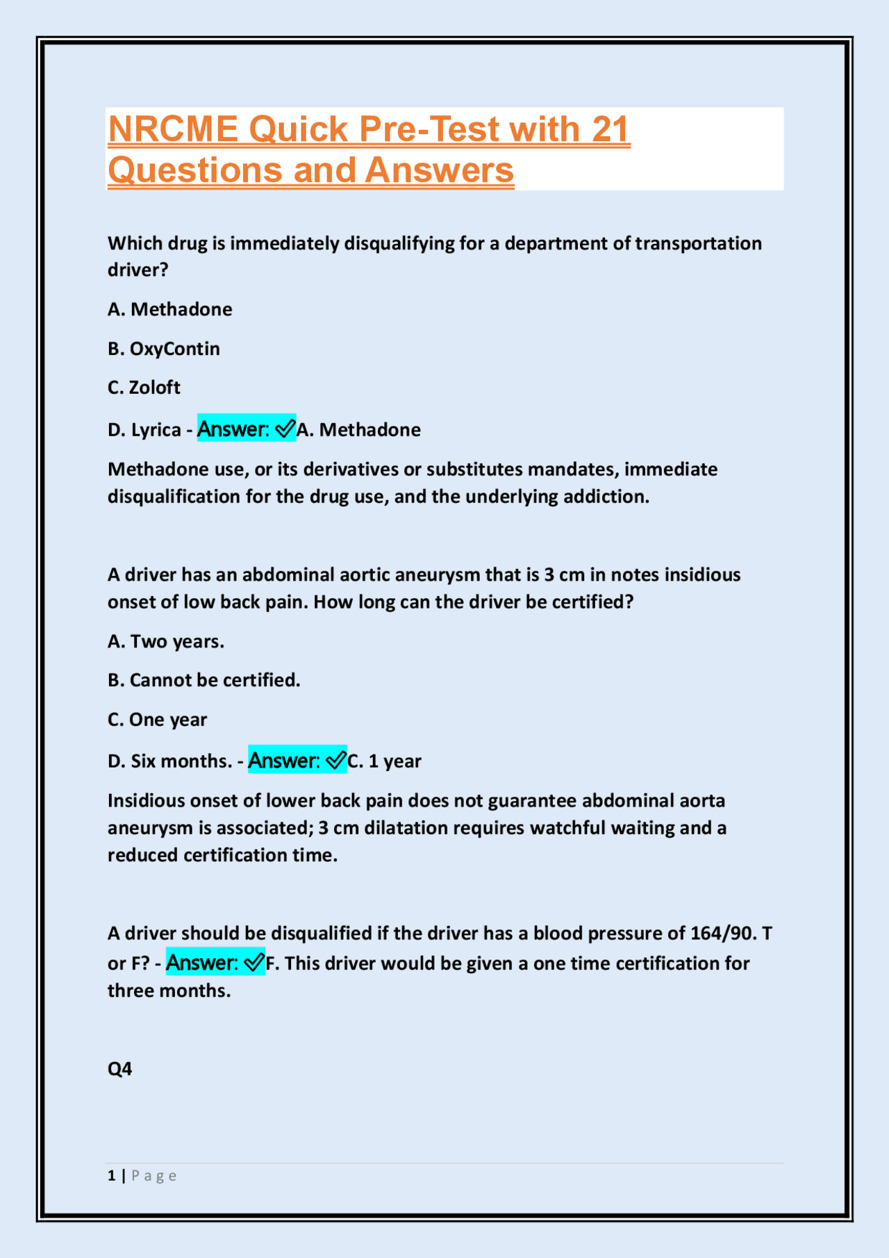 NRCME Quick Pre-Test: 21 Questions and Answers for Department of ...
