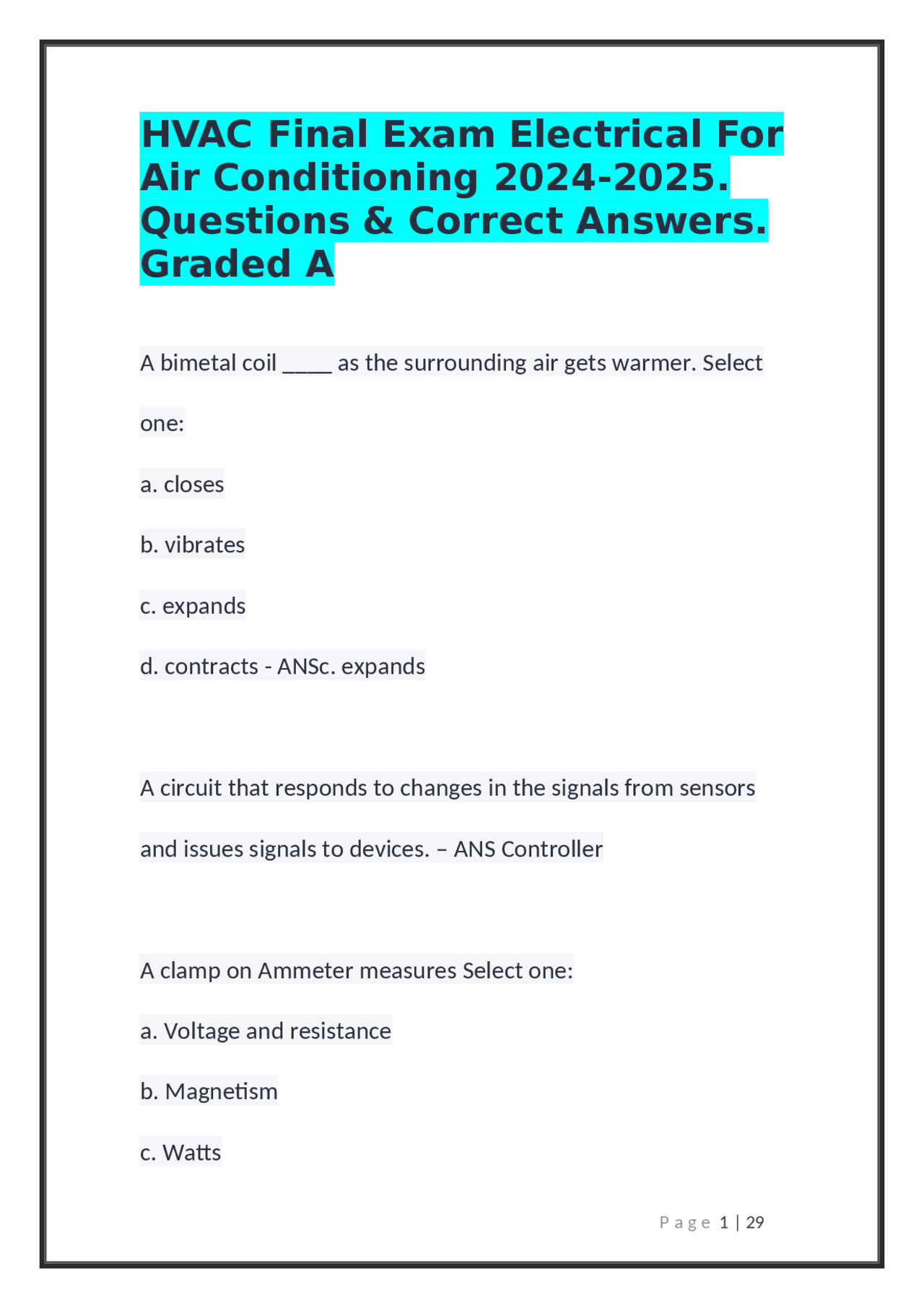 HVAC Final Exam Electrical For Air Conditioning 2024-2025. Questions ...