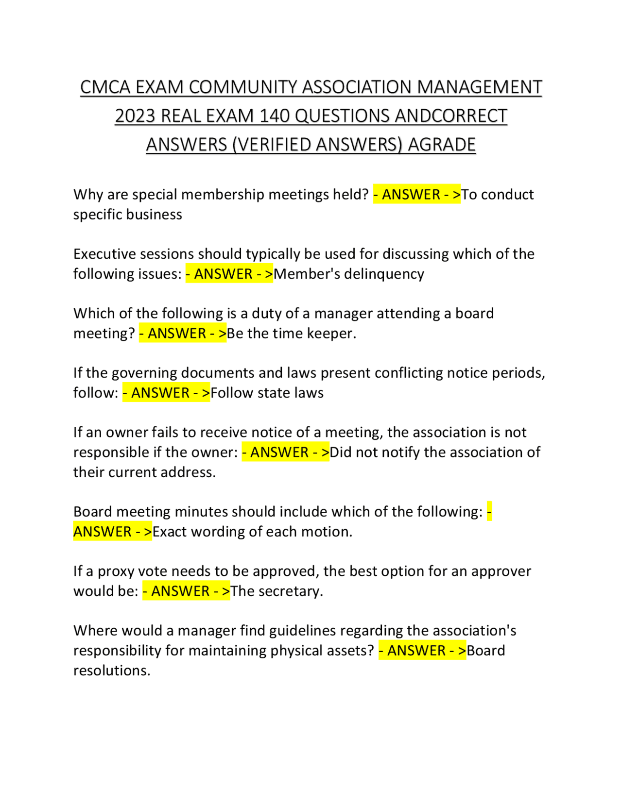 CMCA EXAM COMMUNITY ASSOCIATION MANAGEMENT 2023 REAL EXAM 140 QUESTIONS ...