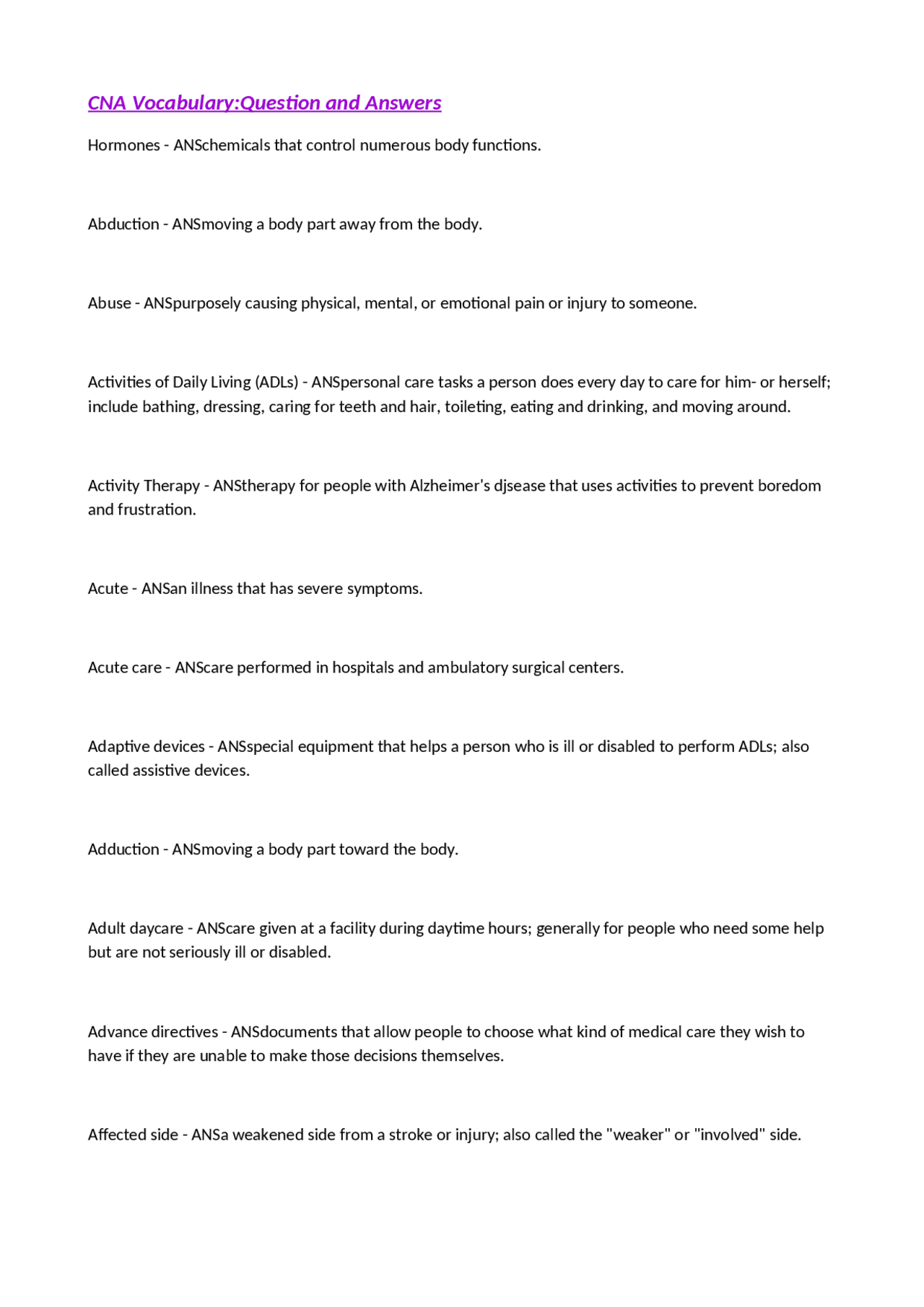 CNA Vocabulary:Question and Answers | Exercises Medicine | Docsity