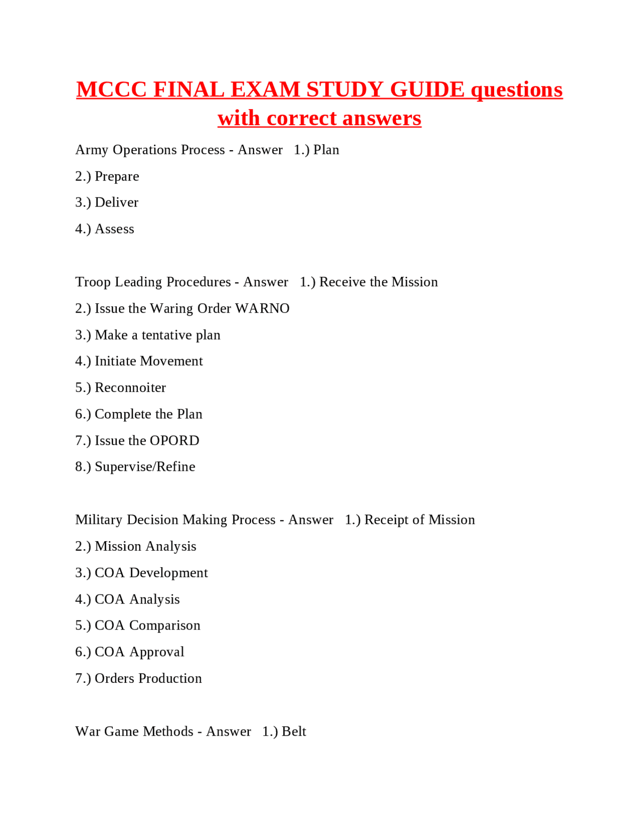 MCCC Final Exam Study Guide: Army Operations, Troop Leading Procedures ...