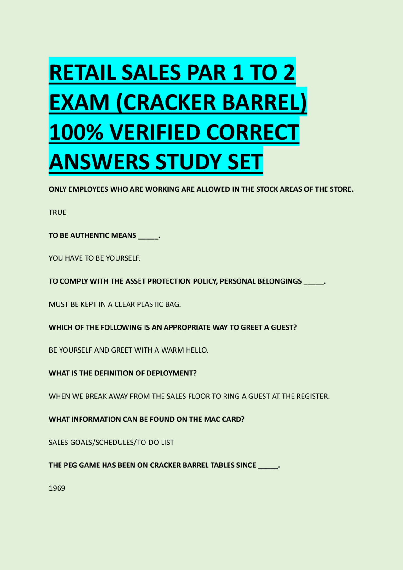 RETAIL SALES PAR 1 TO 2 EXAM (CRACKER BARREL) 100% VERIFIED CORRECT ...
