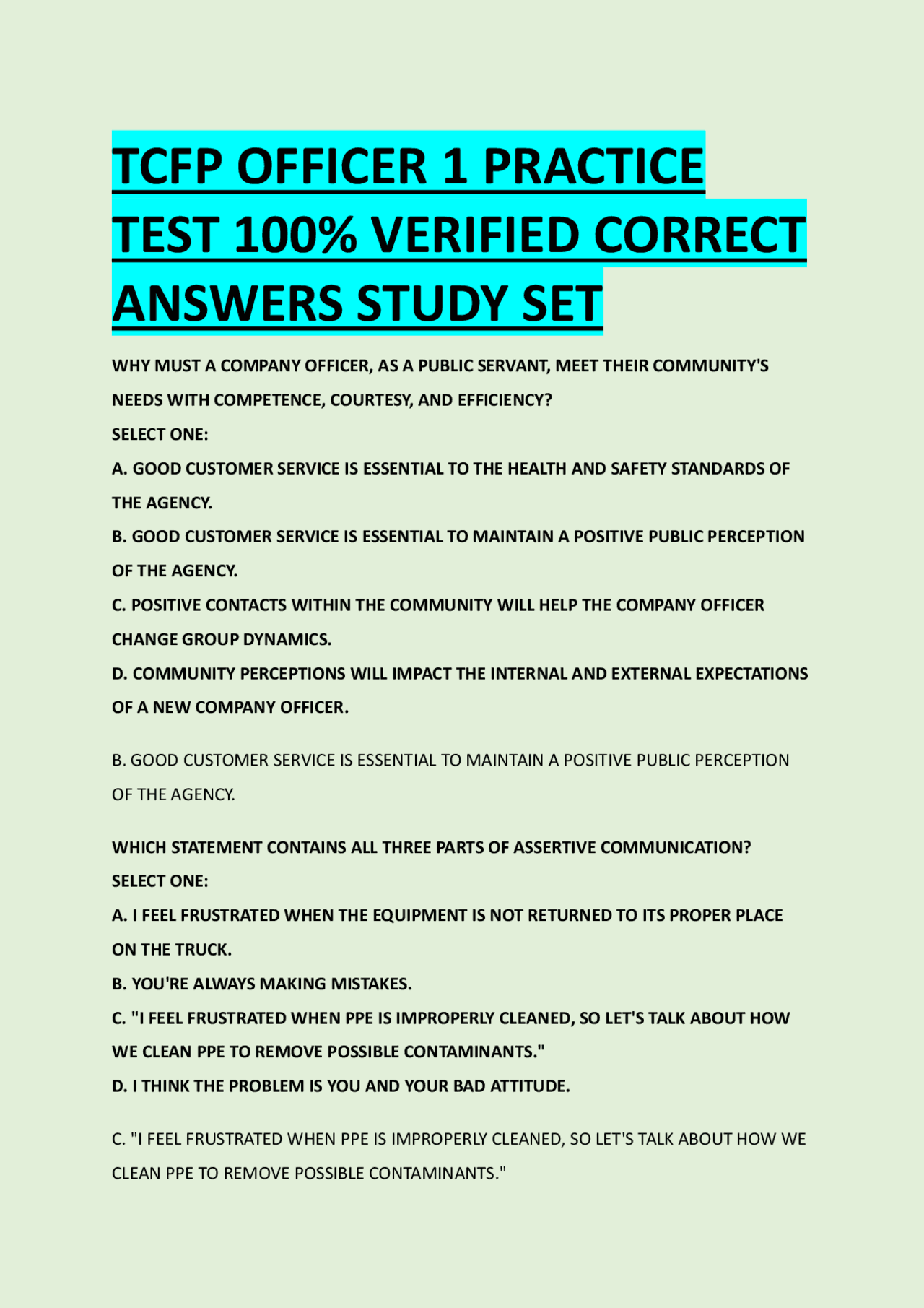 TCFP OFFICER 1 PRACTICE TEST 100% VERIFIED CORRECT ANSWERS STUDY SET ...