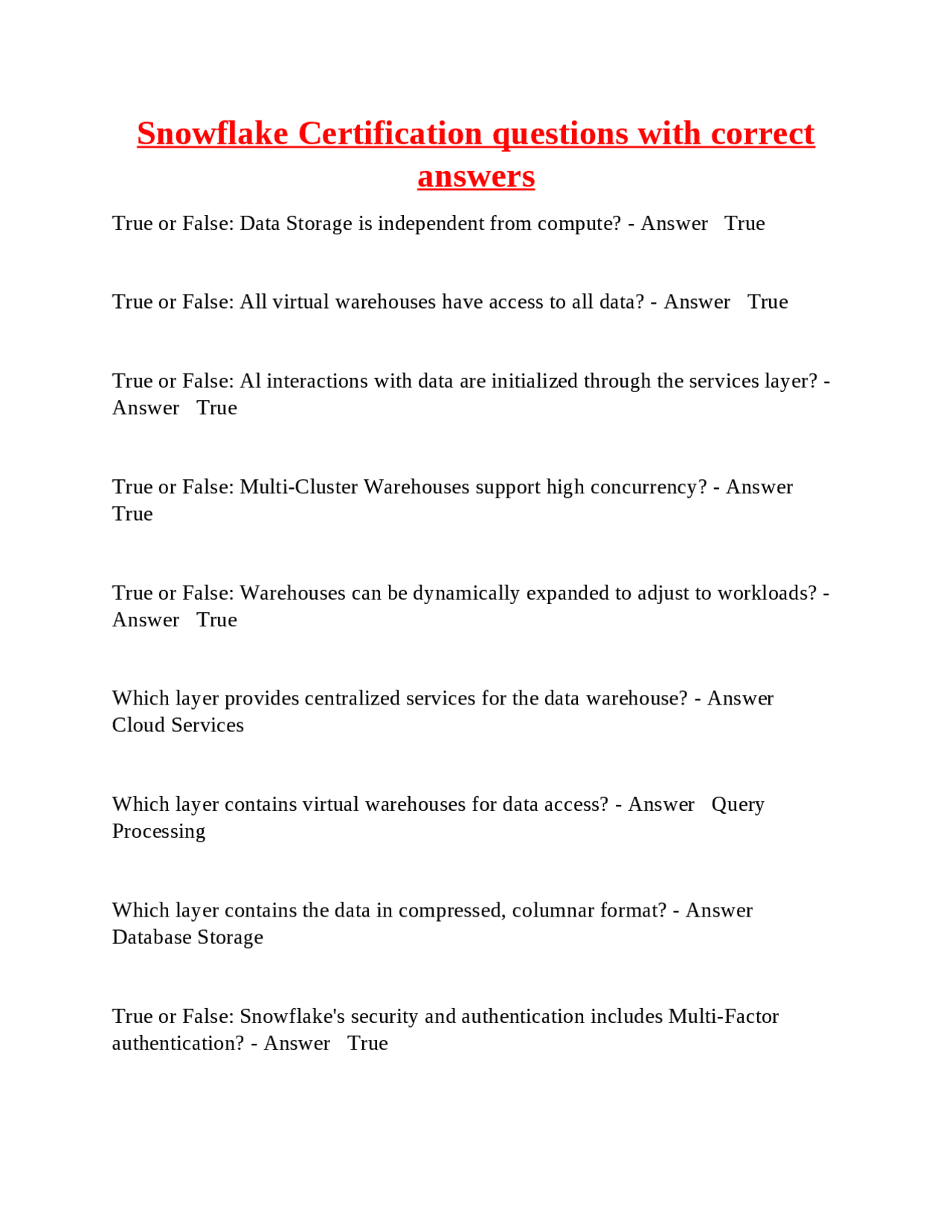 Snowflake Certification Questions and Answers | Exams Computer Science | Docsity