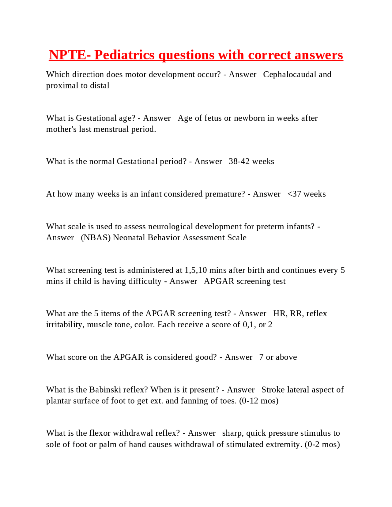 NPTE- Pediatrics questions with correct answers | Exams Nursing | Docsity