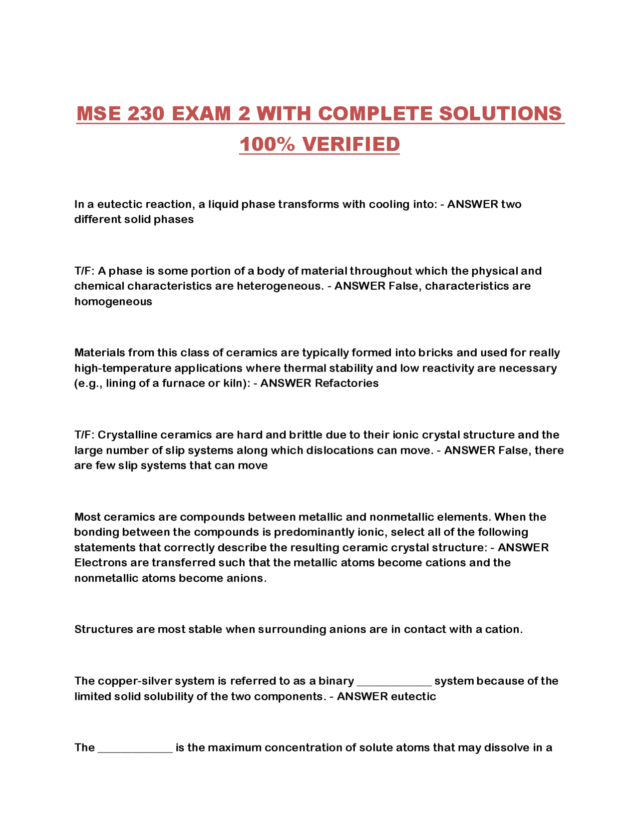 MSE 230 Exam 2: Materials Science and Engineering | Exams Materials ...