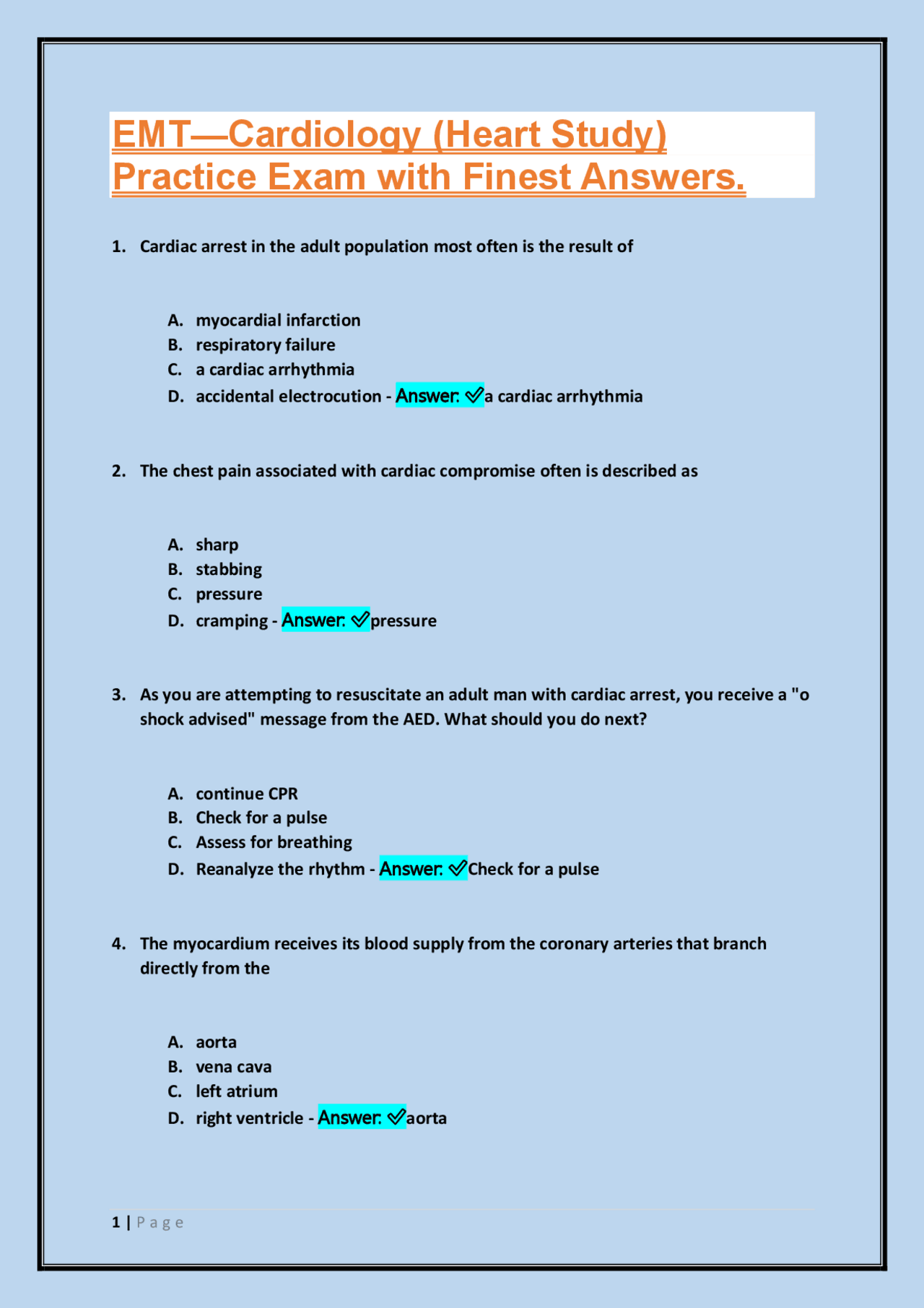 EMT-Cardiology (Heart Study) Practice Exam with Finest Answers | Exams ...