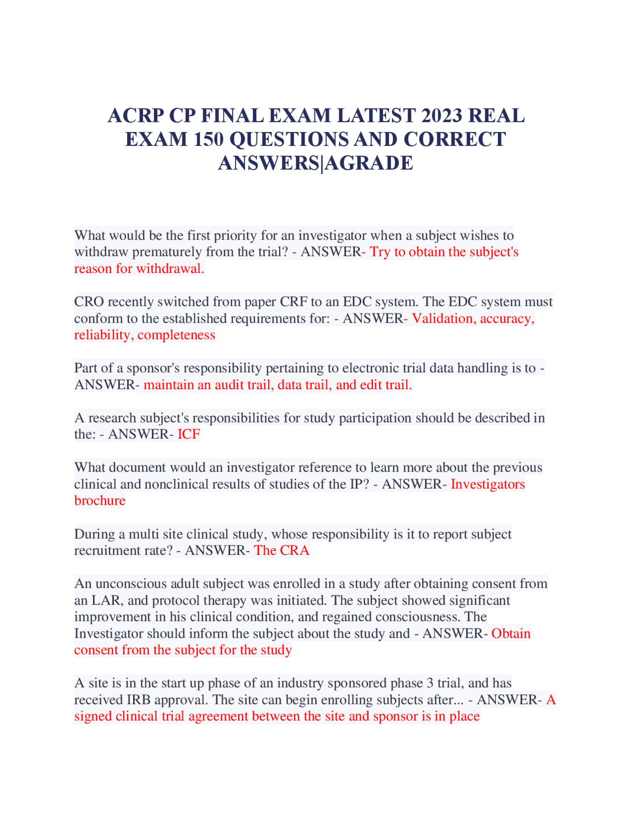 ACRP CP Final Exam: 150 Questions and Answers for Clinical Research ...