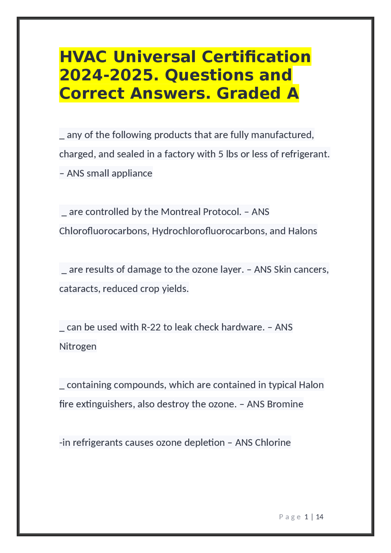 HVAC Universal Certification 2024-2025. Questions and Correct Answers ...