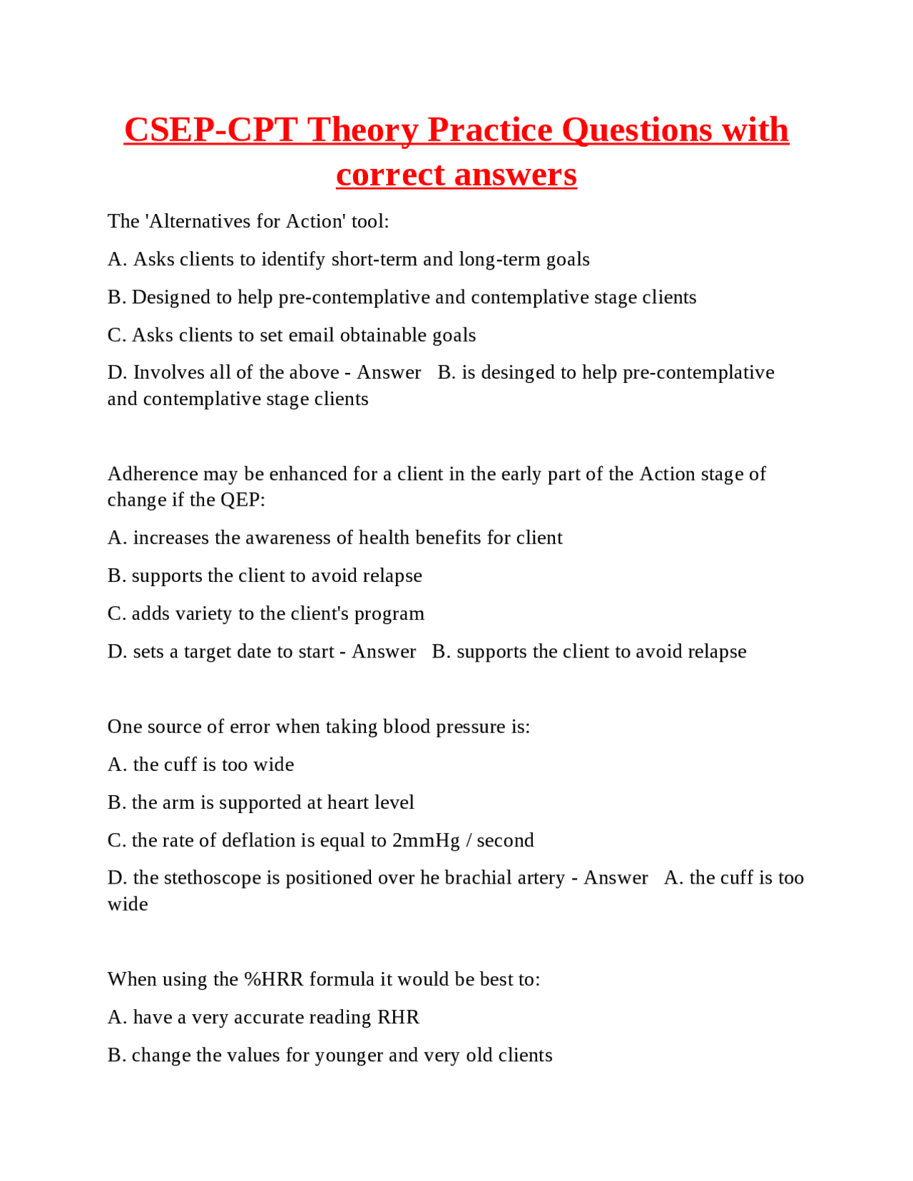 CSEP-CPT Theory Practice Questions with correct answers | Exams Nursing ...