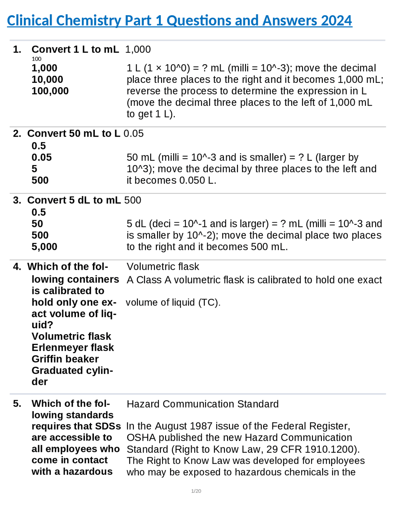 Clinical Chemistry Part 1: Questions and Answers 2024 | Exams Nursing ...