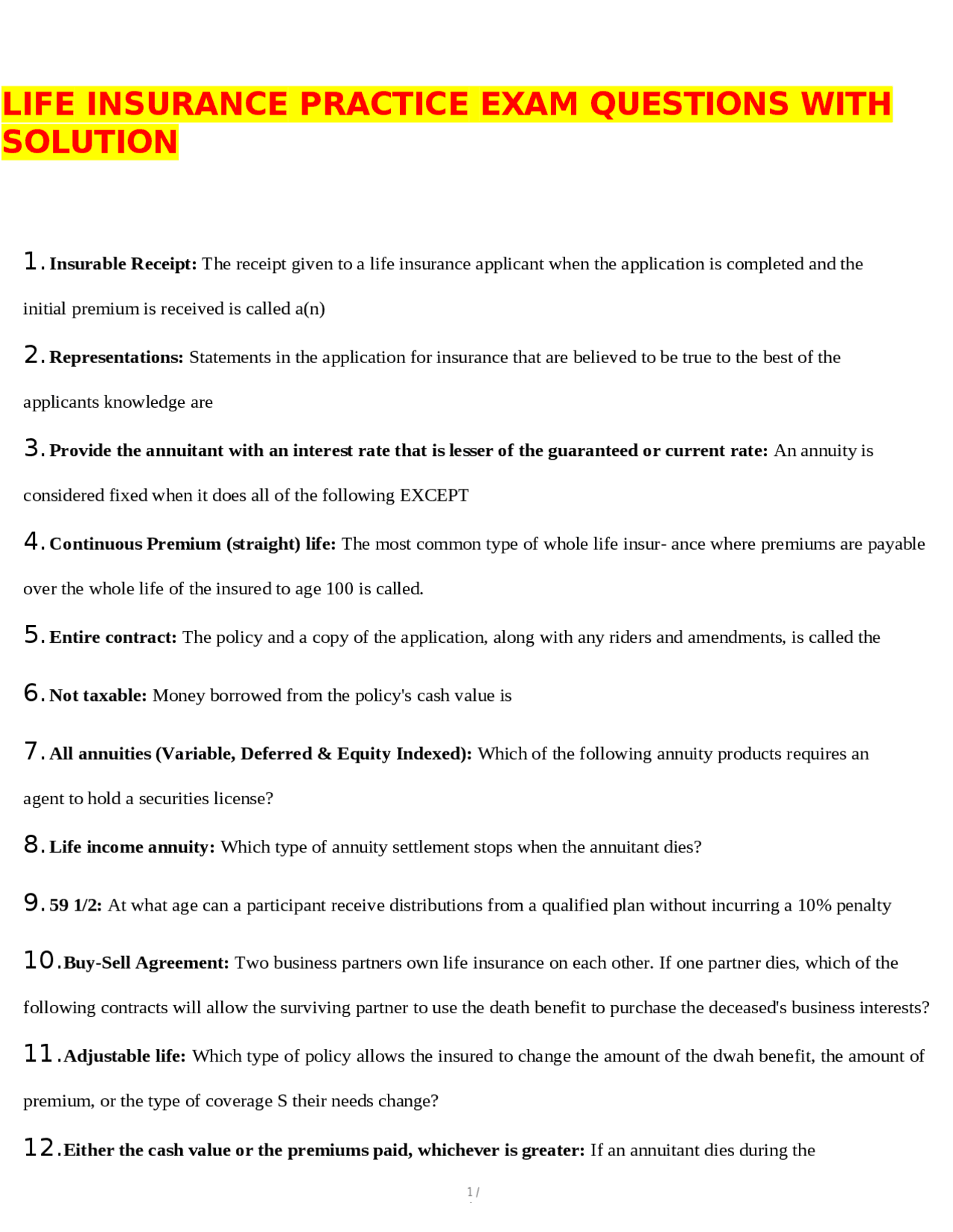 Life Insurance Practice Exam Questions with Solutions | Exams Insurance ...