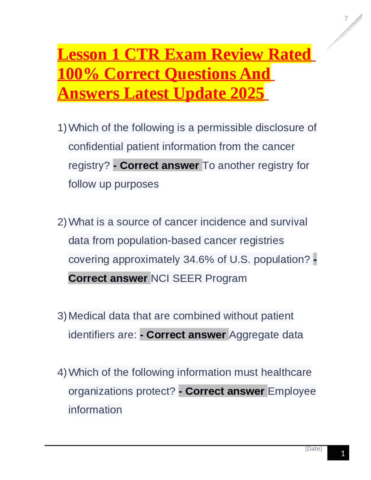 Lesson 1 CTR Exam Review Rated 100% Correct Questions And Answers ...