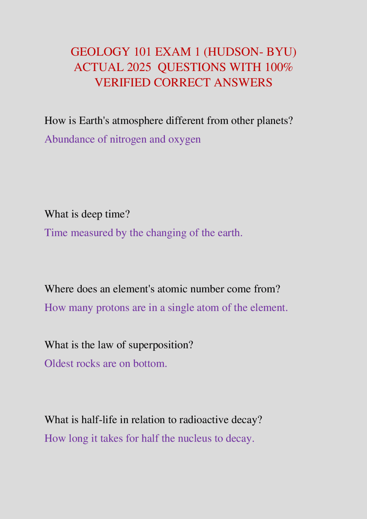 GEOLOGY 101 EXAM 1 (HUDSON- BYU) ACTUAL 2025 QUESTIONS WITH 100% ...