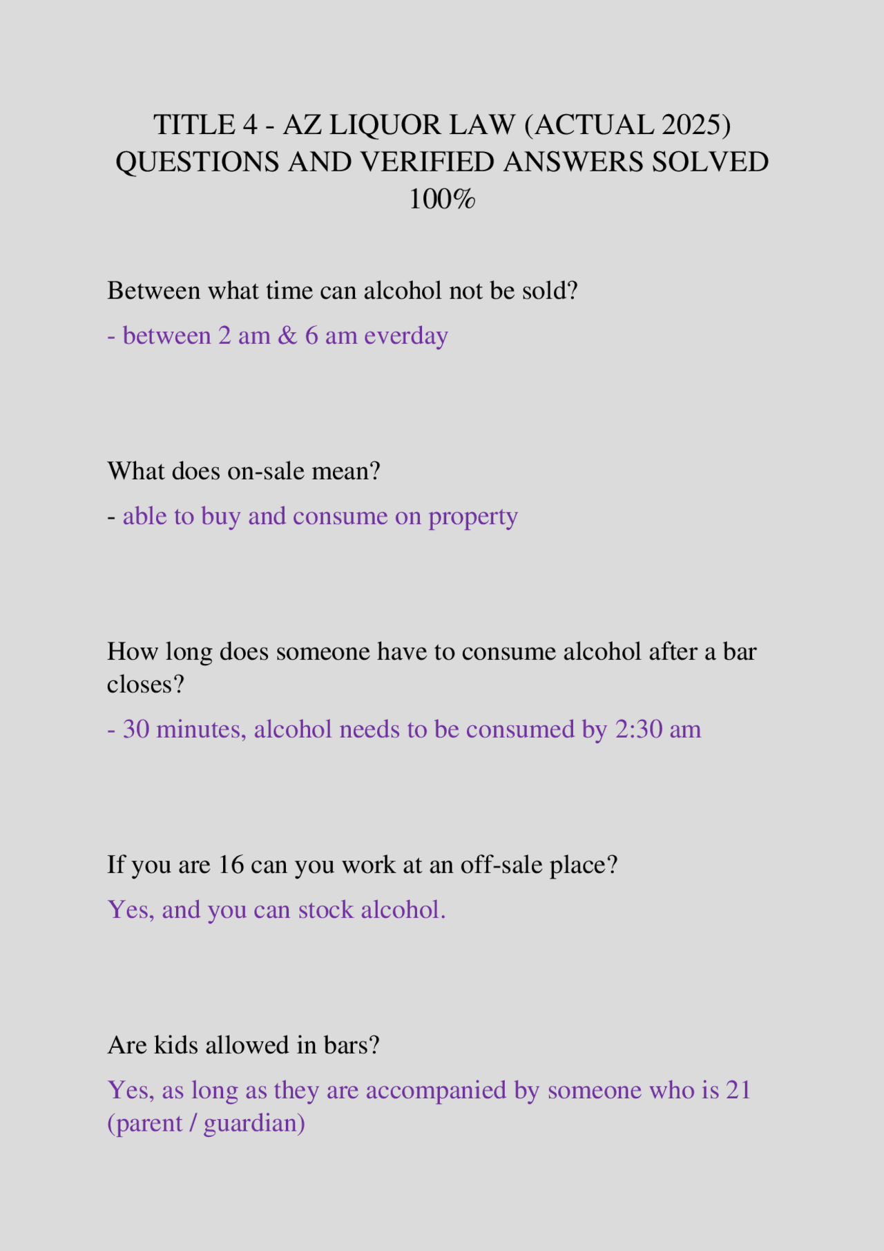 Arizona Liquor Laws: Questions and Answers | Exams Law | Docsity