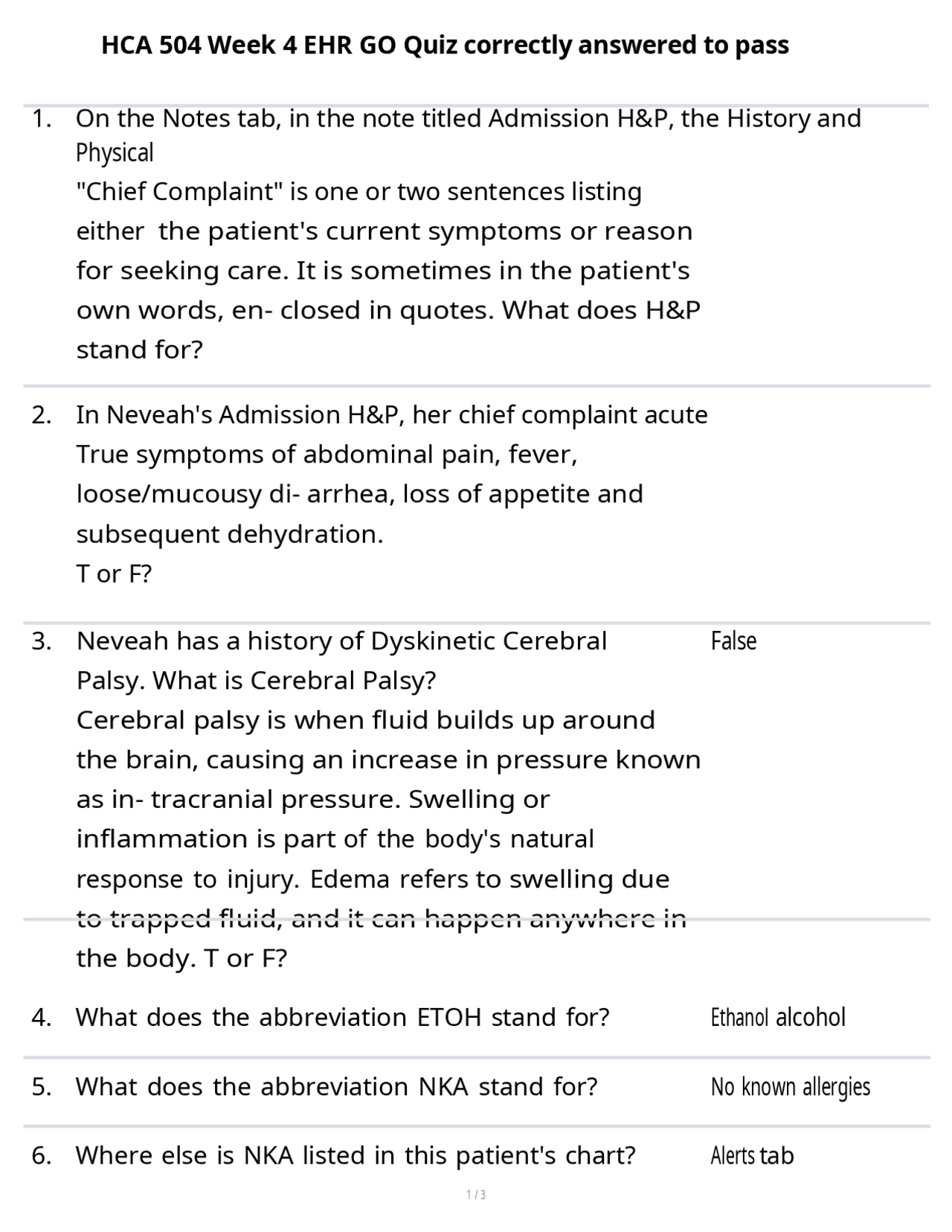 HCA 504 Week 4 EHR GO Quiz: Understanding Medical Terminology and ...