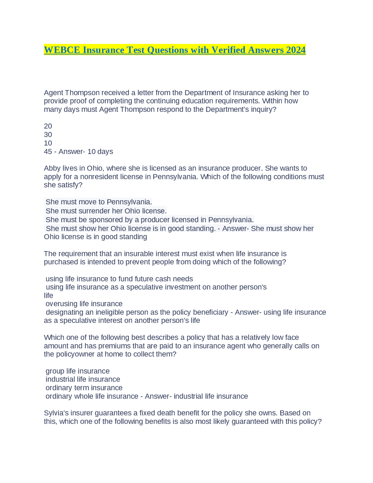 WEBCE Insurance Test Questions with Verified Answers 2024 | Exams ...