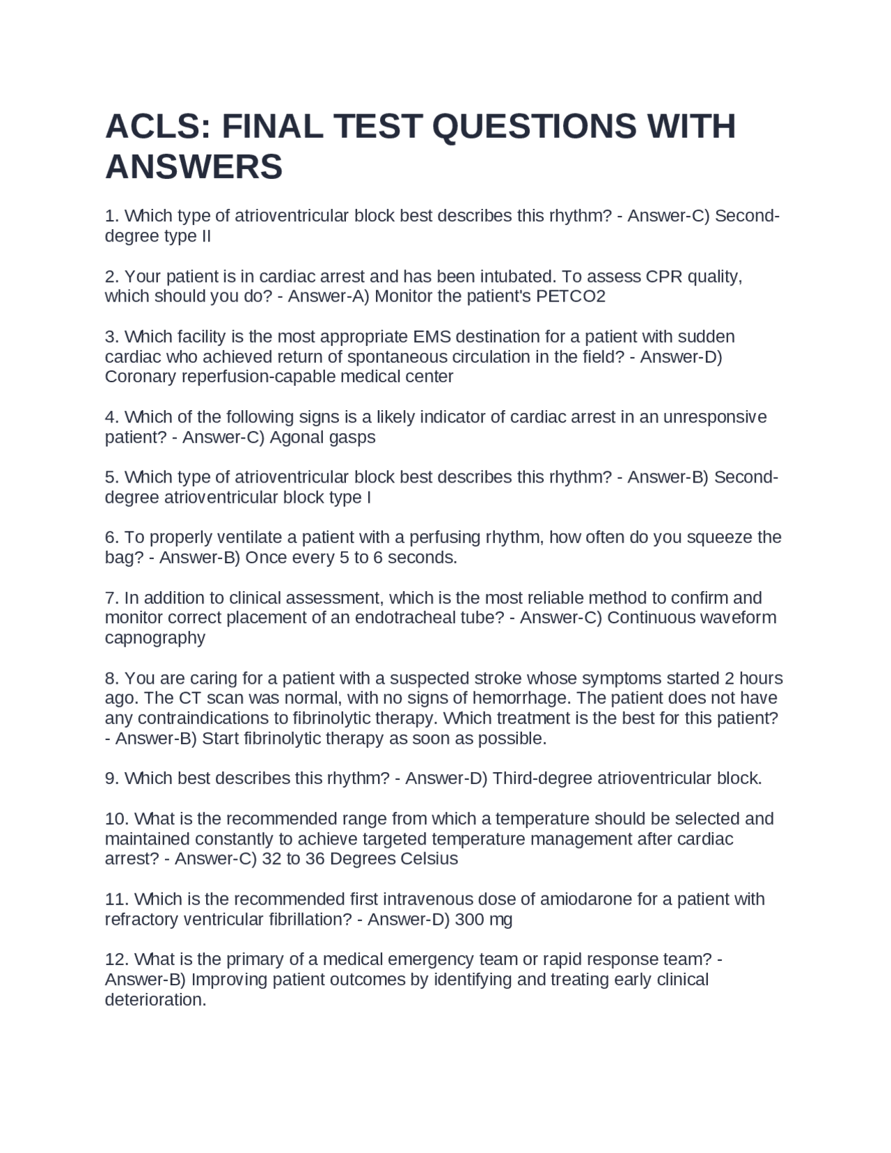 ACLS: FINAL TEST QUESTIONS WITH ANSWERS | Exams Nursing | Docsity