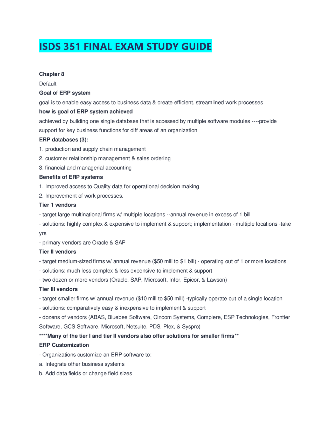 ISDS 351 FINAL EXAM STUDY GUIDE | Exams Business Administration | Docsity