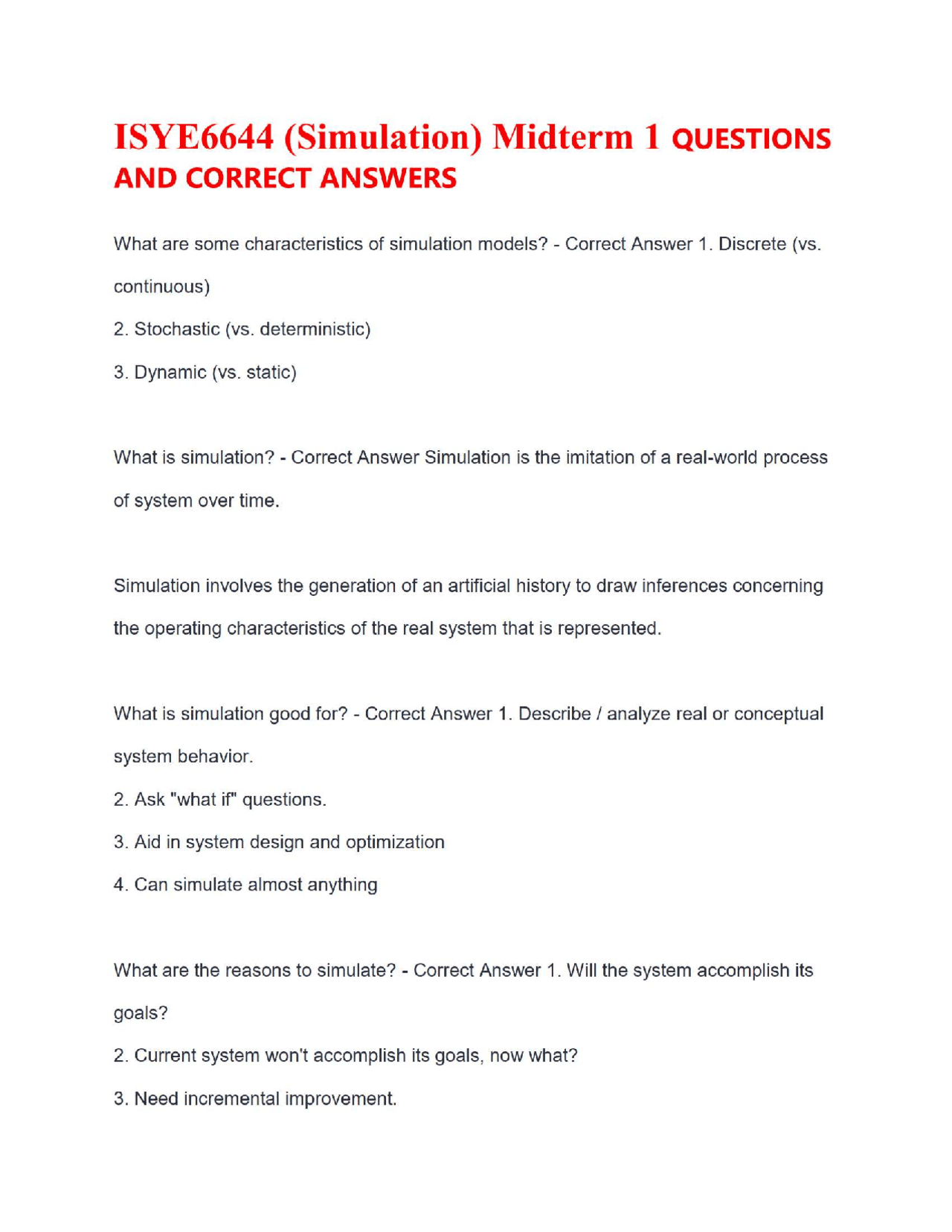 ISYE6644 (Simulation) Midterm 1 QUESTIONS AND CORRECT ANSWERS | Exams ...