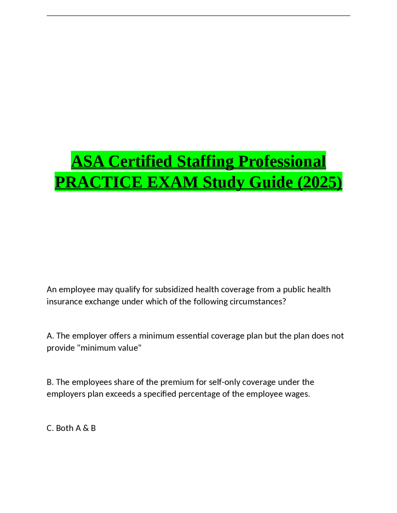ASA Certified Staffing Professional Practice Exam Study Guide (2025 ...