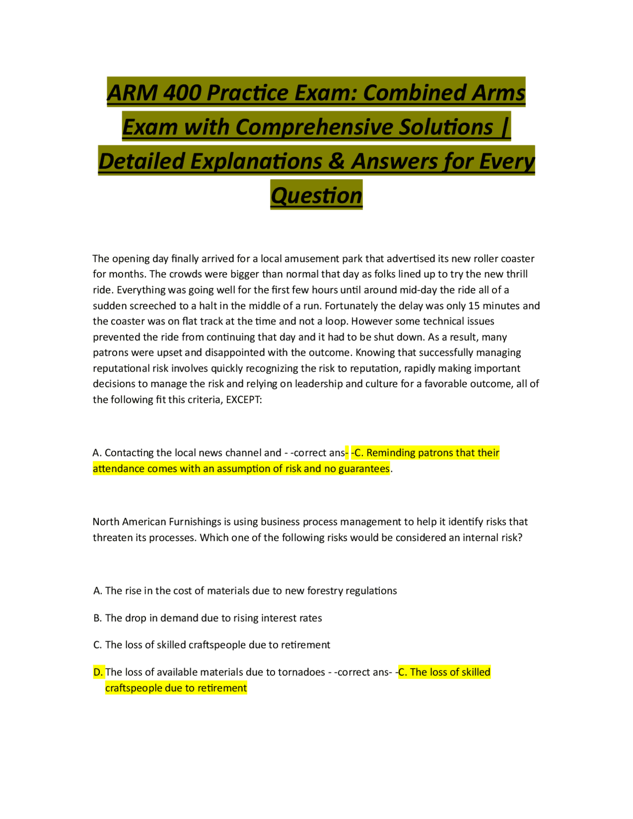 ARM 400 Practice Exam: Combined Arms Exam with Comprehensive Solutions ...