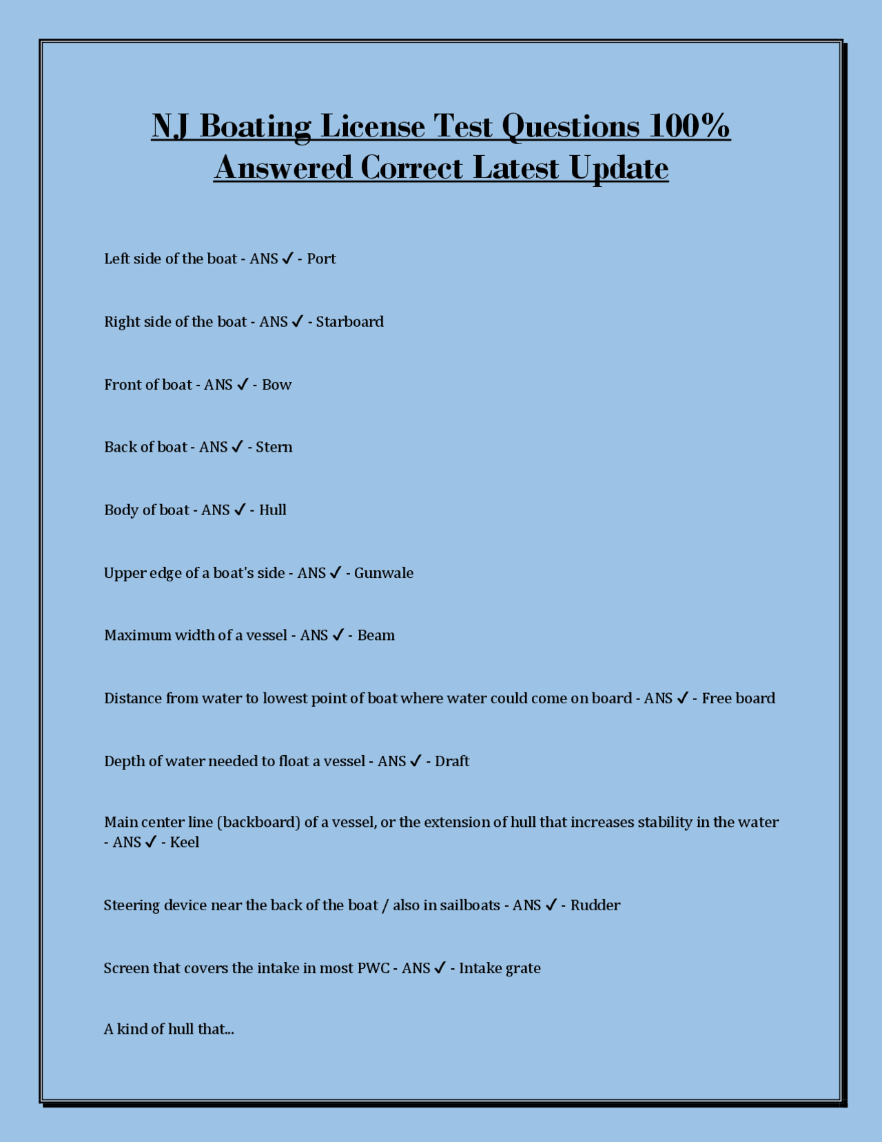 NJ Boating License Test Questions 100% Answered Correct Latest Update ...