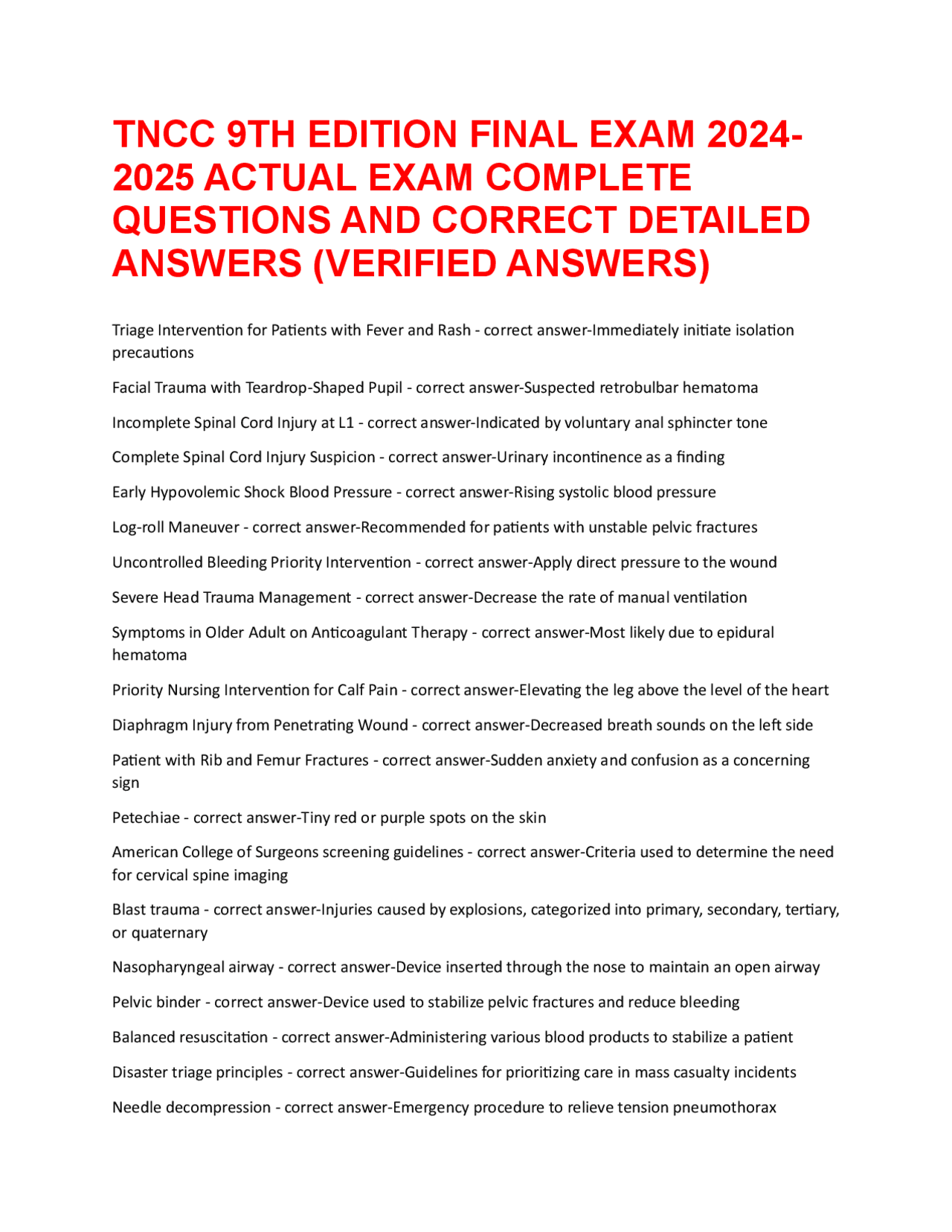 TNCC 9TH EDITION FINAL EXAM 2024.pdf | Exams Advanced Education | Docsity