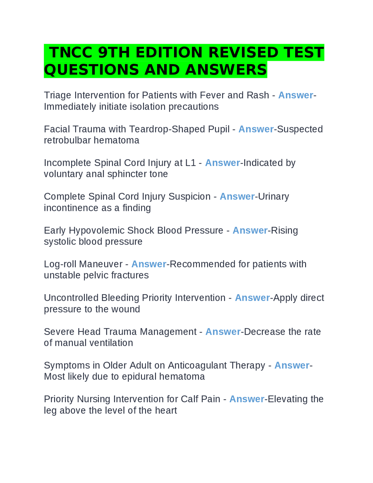 TNCC 9th Edition Revised Test Questions and Answers: Trauma Care ...