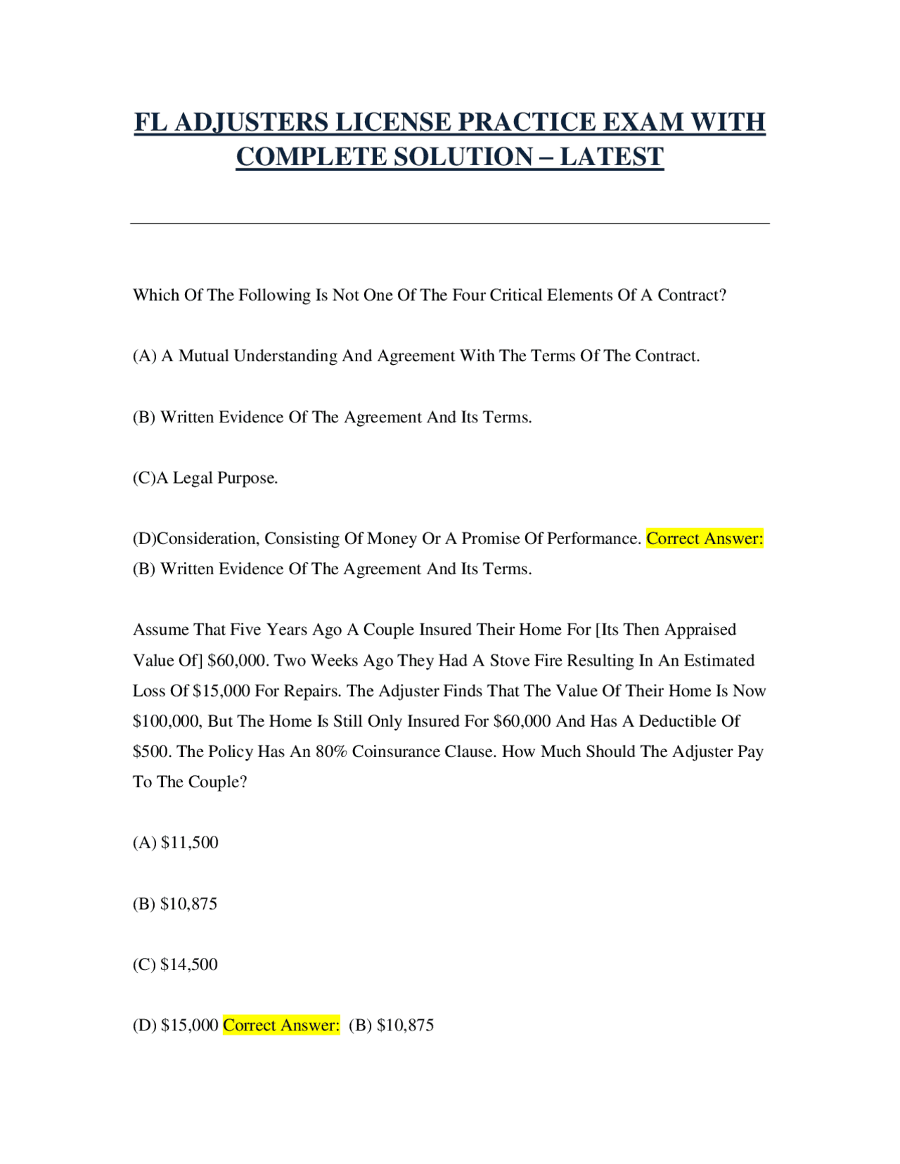 Florida Adjusters License Practice Exam with Complete Solutions | Exams ...