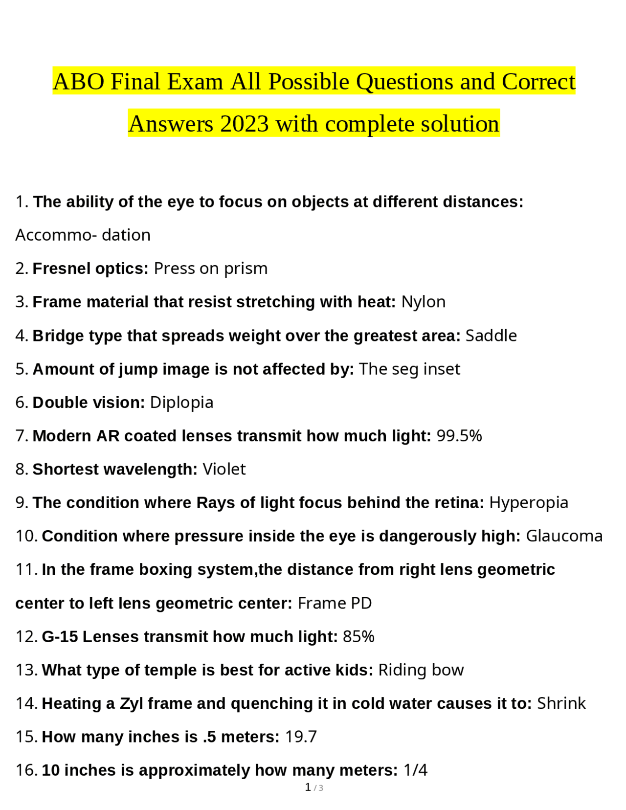 Optometry Final Exam Questions and Answers | Exams Nursing | Docsity
