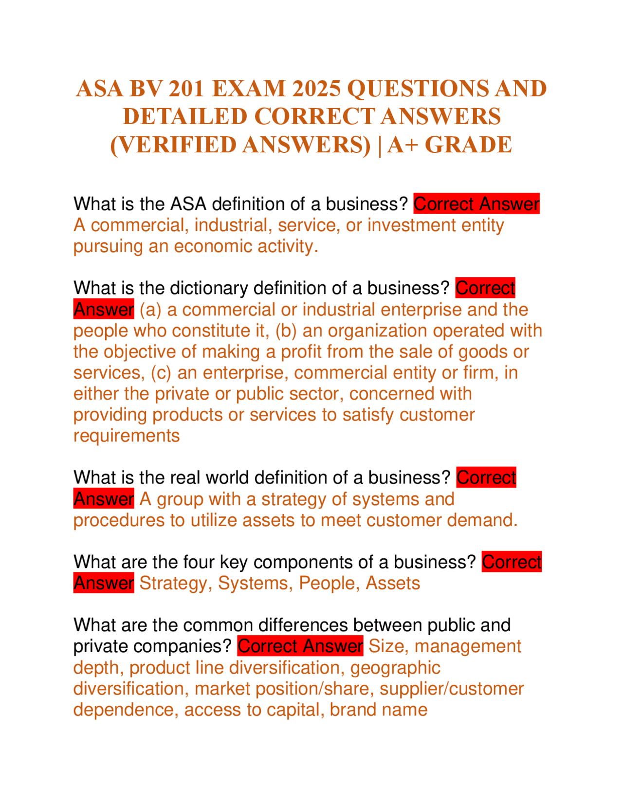 ASA BV 201 Exam 2025: Business Valuation and Analysis Questions and ...