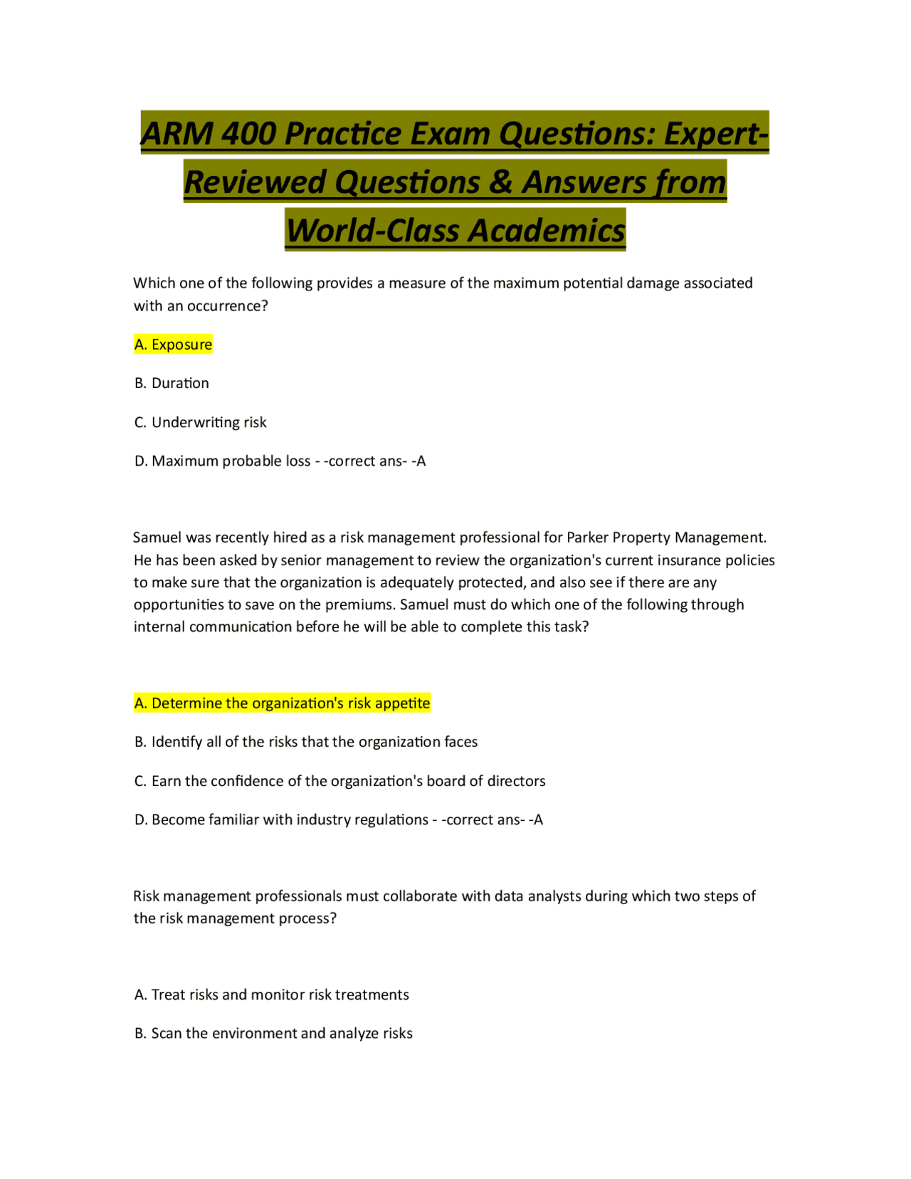 ARM 400 Practice Exam Questions: Expert Reviewed Questions & Answers ...