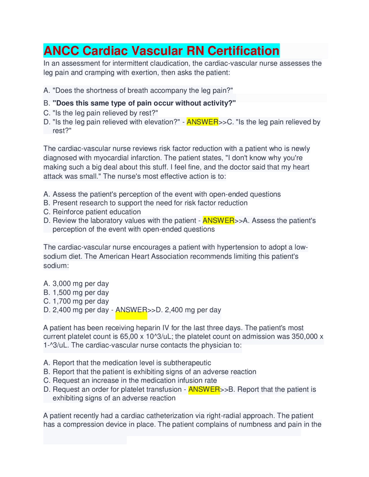 Cardiac Vascular Nursing: Multiple Choice Questions and Answers | Exams ...