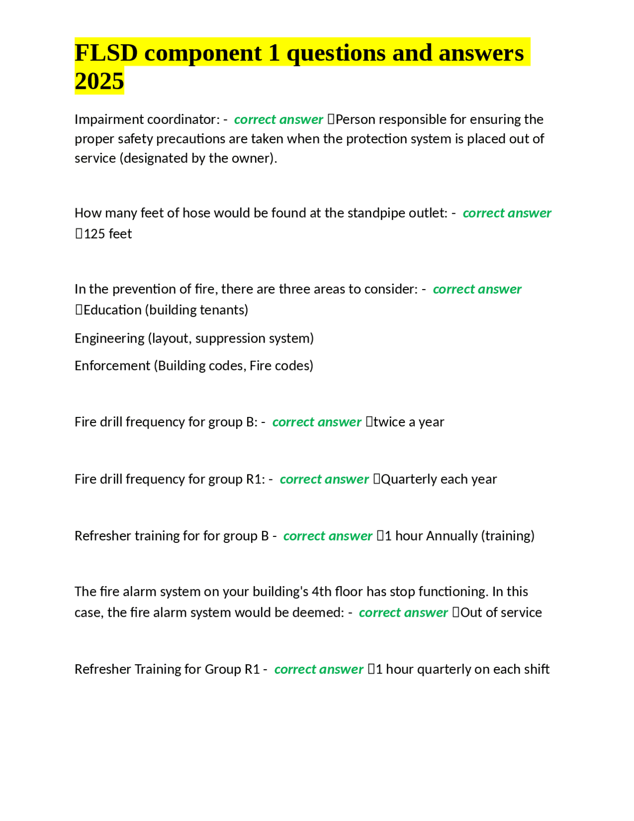 FLSD Component 1 Questions and Answers: Fire Safety Regulations and ...