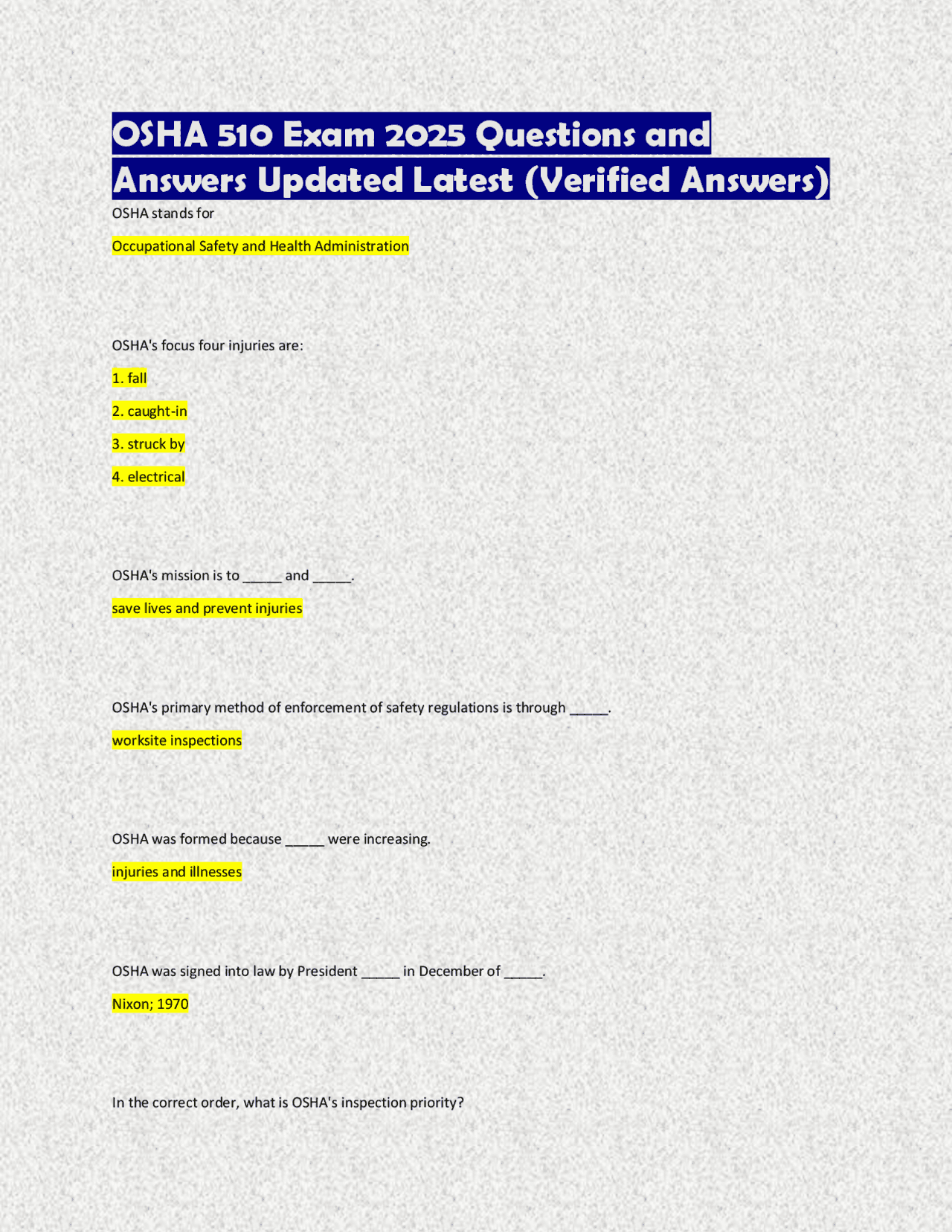OSHA 510 Exam 2025 Questions and Answers Updated Latest (Verified ...